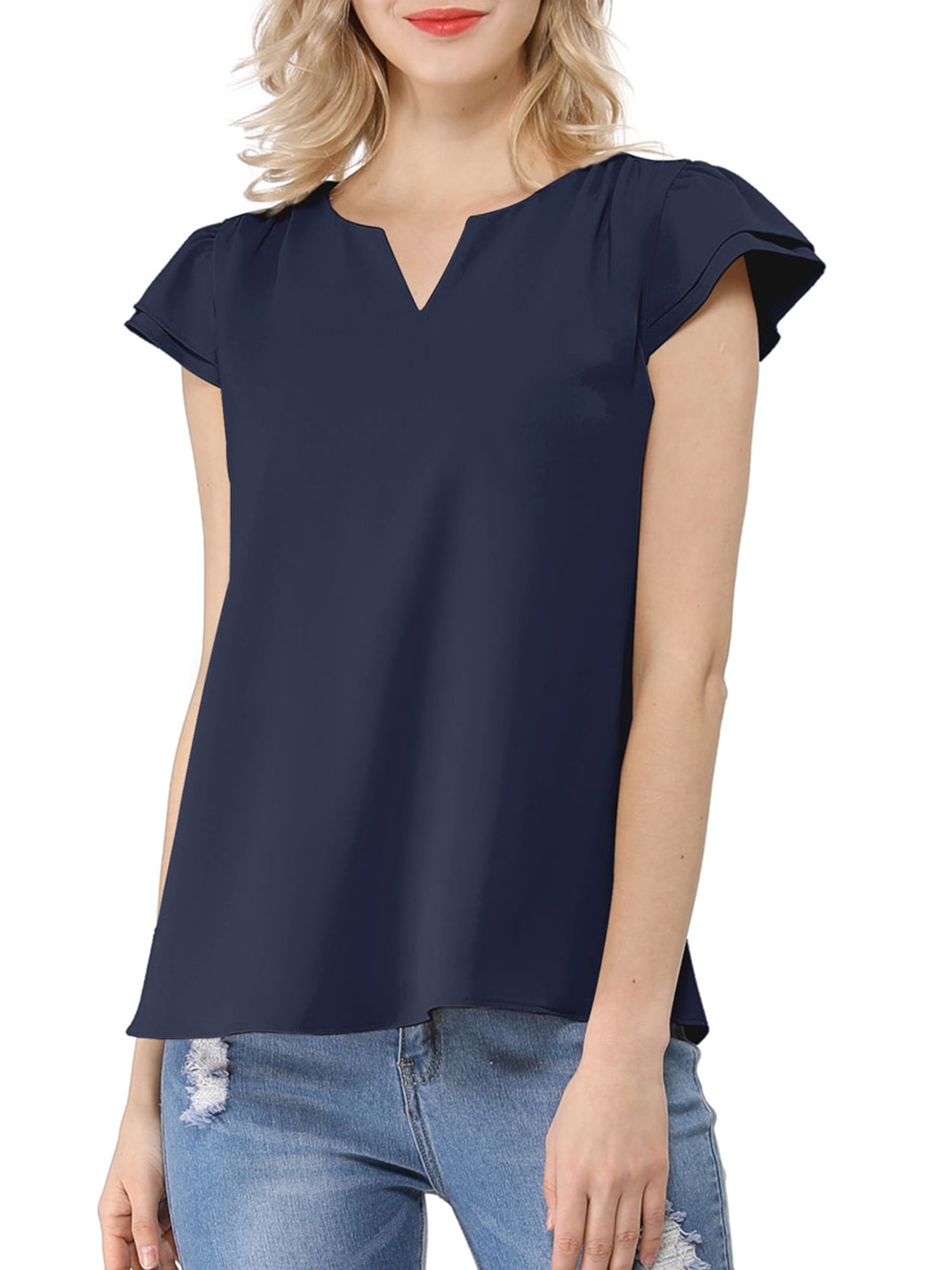 DARING DIVA Women's V Neck Casual Solid Cap Blouse Top M Dark Blue ...