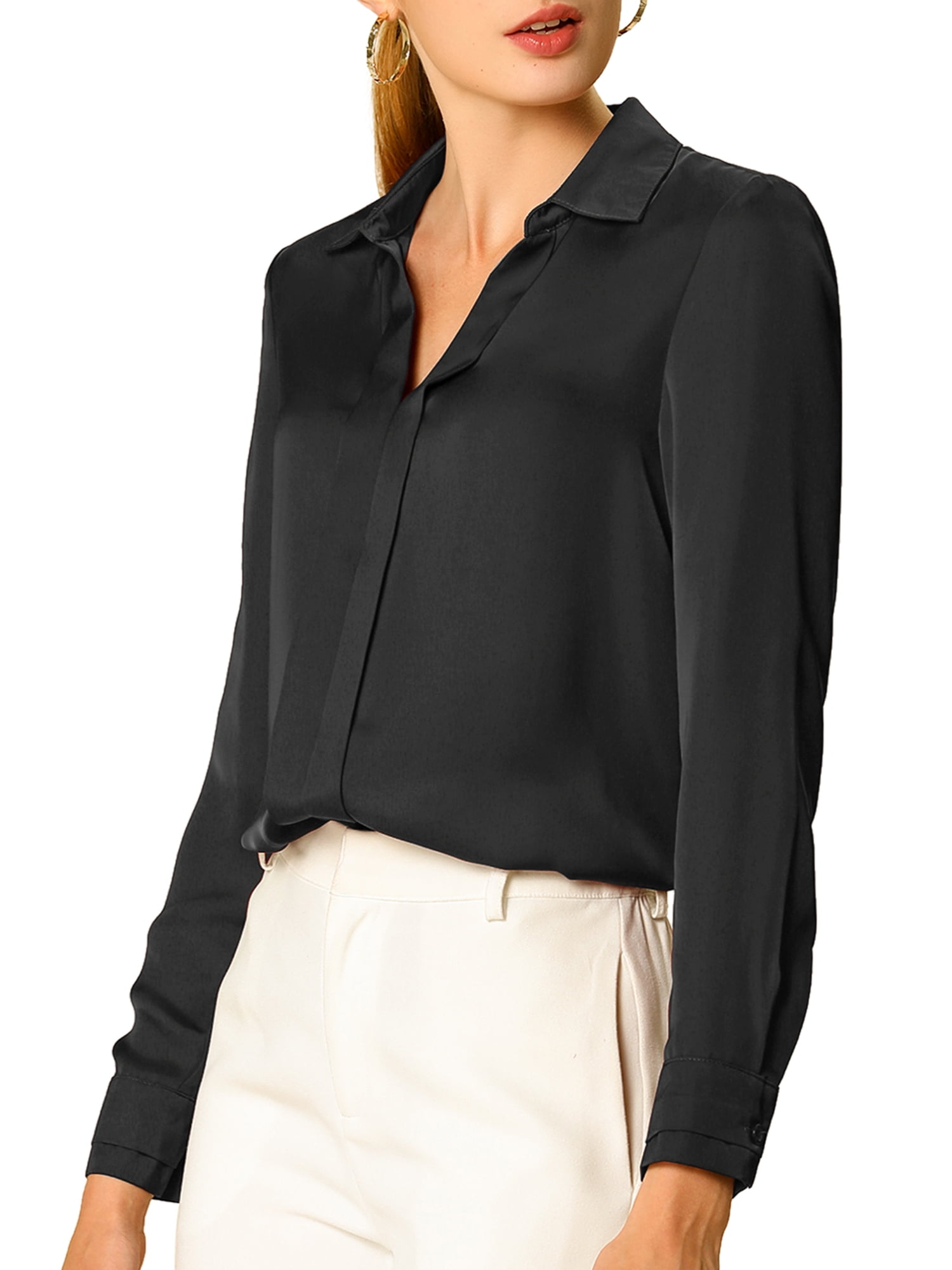 DARING DIVA Women's V Neck Classic Work Office Long Sleeve Shirt M ...