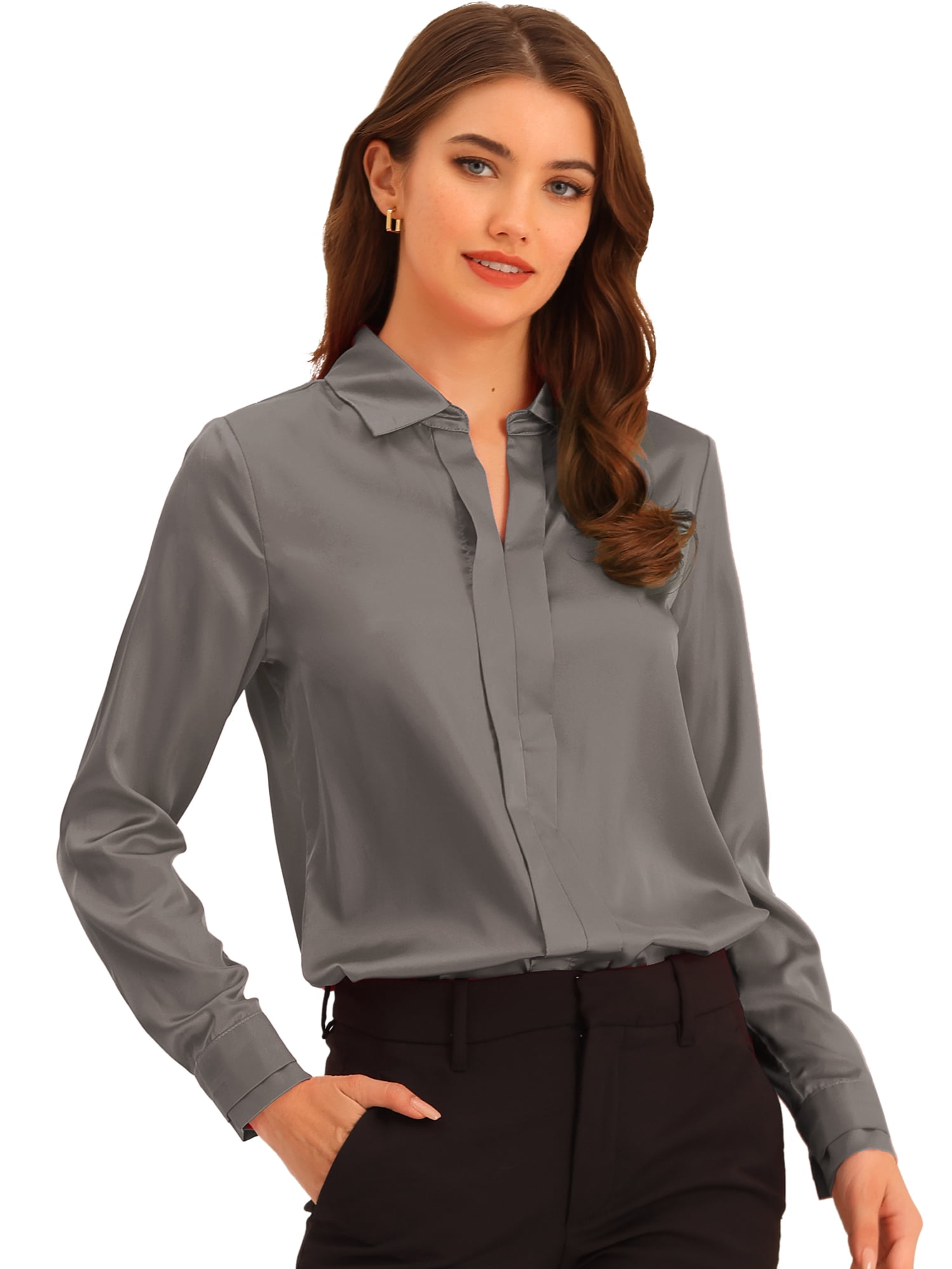 DARING DIVA Women's V Neck Classic Work Office Long Sleeve Shirt S Grey ...
