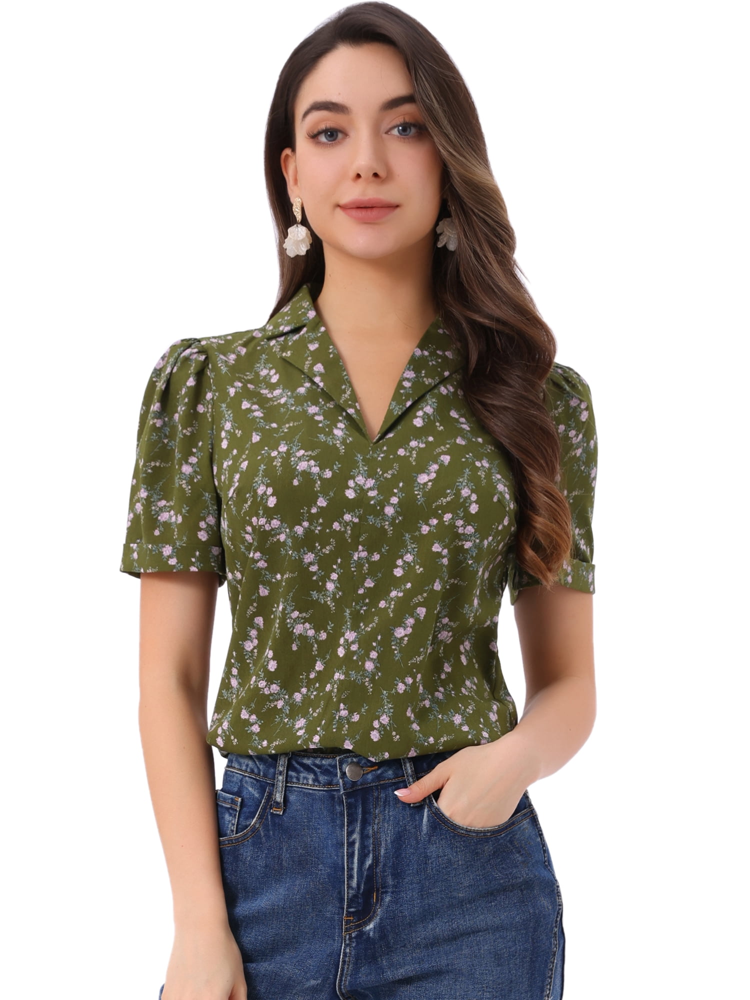 DARING DIVA Women's V Neck Notch Lapel Collar Shirt Blouses L Olive ...