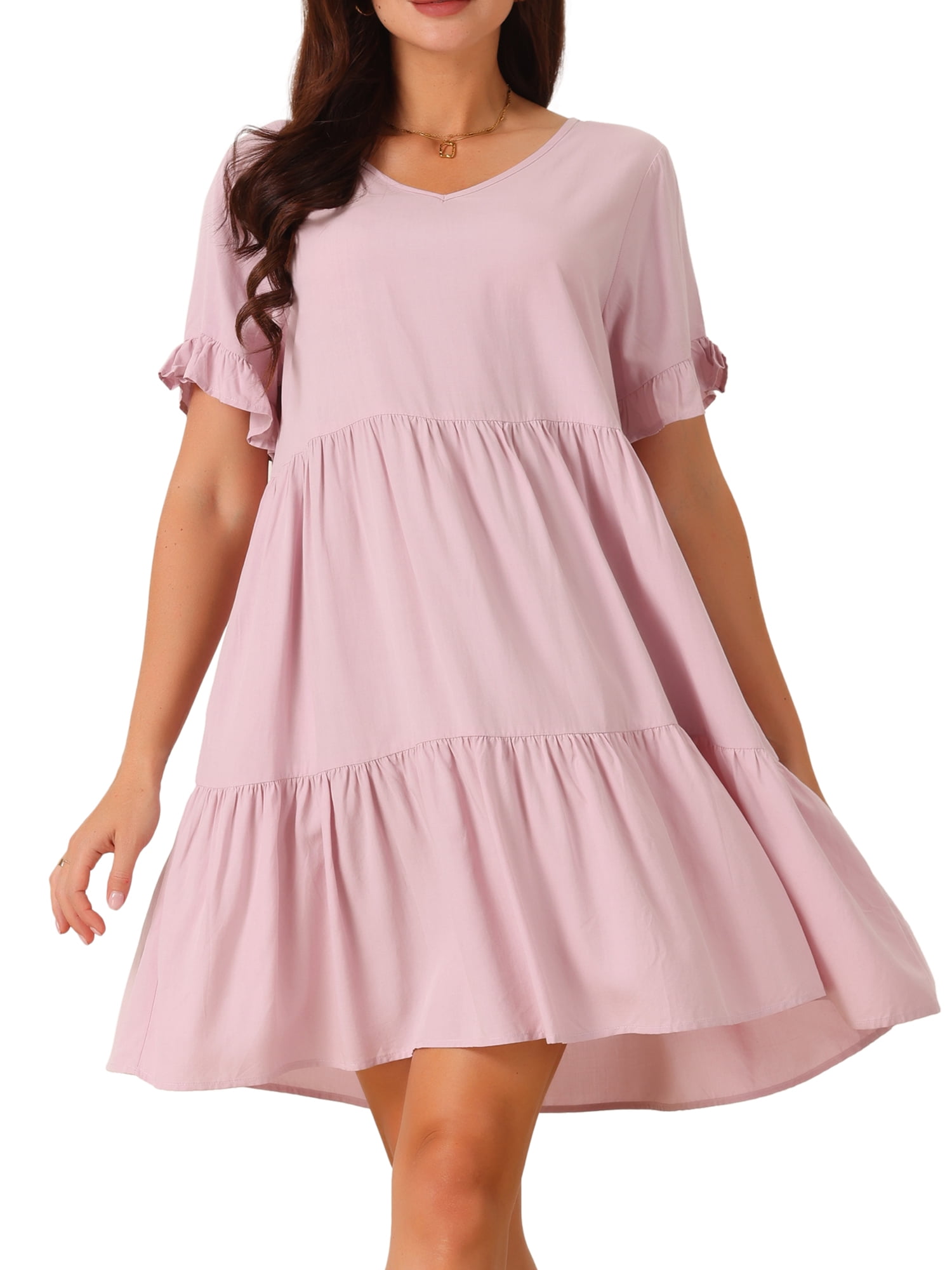 DARING DIVA Women's V Neck Ruffle Short Sleeve Dress with Pockets L ...