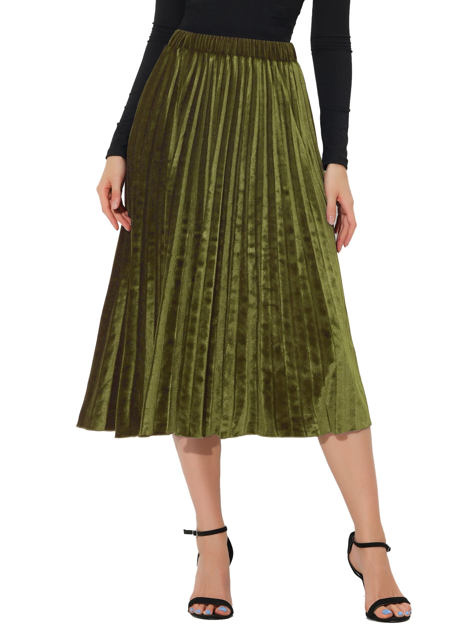 DARING DIVA Women's Velvet Pleated Swing Midi Skirt L Army Green ...