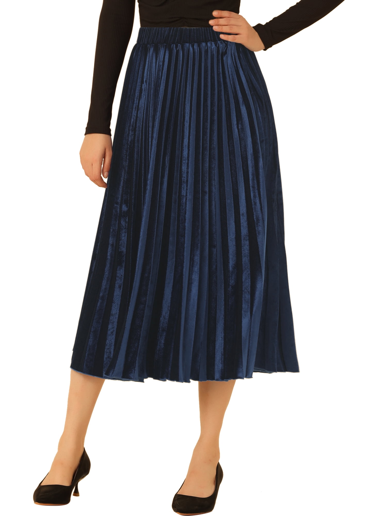 DARING DIVA Women's Velvet Pleated Swing Midi Skirt XS Dark Blue ...