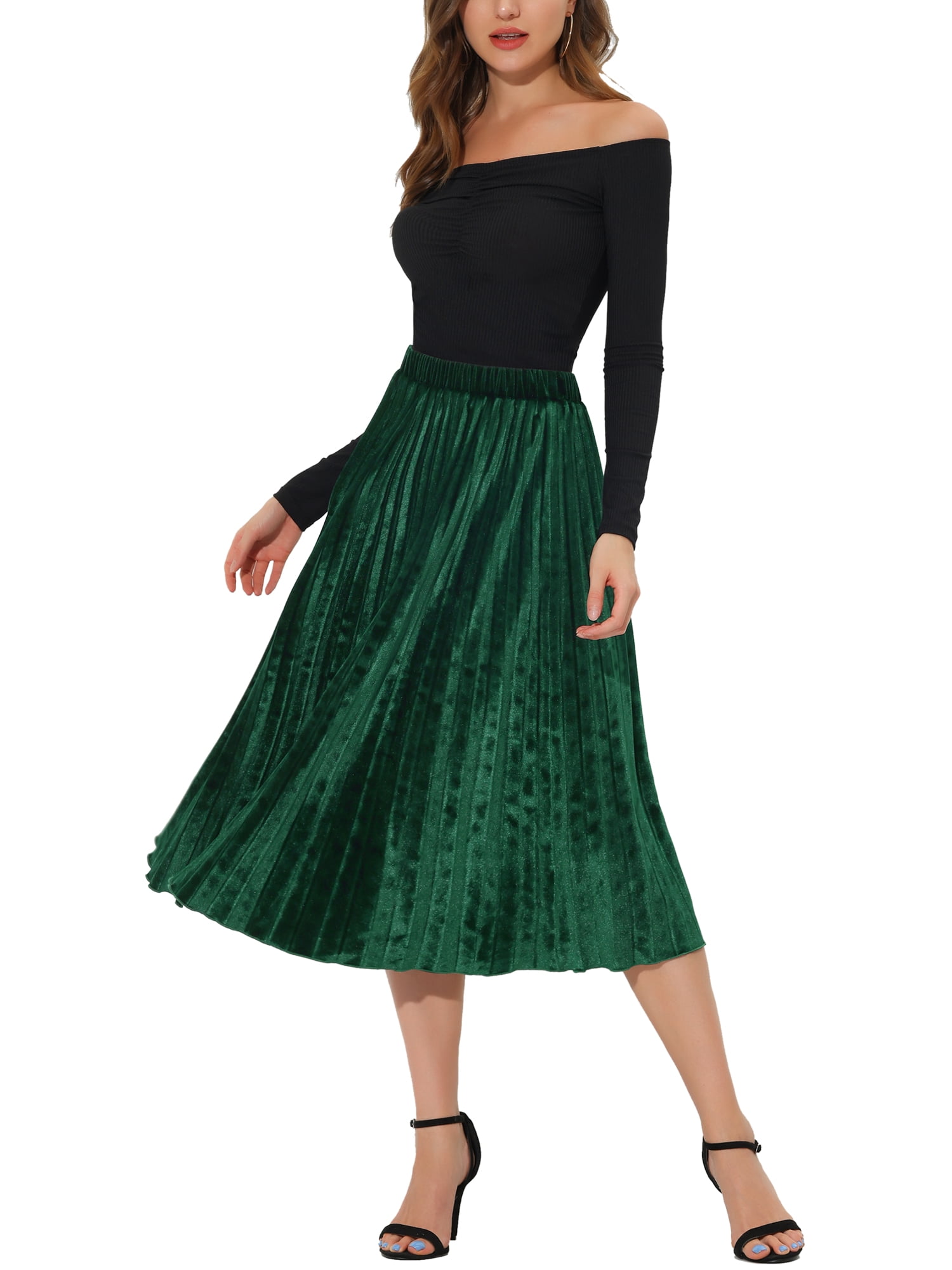 DARING DIVA Women's Velvet Pleated Swing Midi Skirt XS Green - Walmart.com