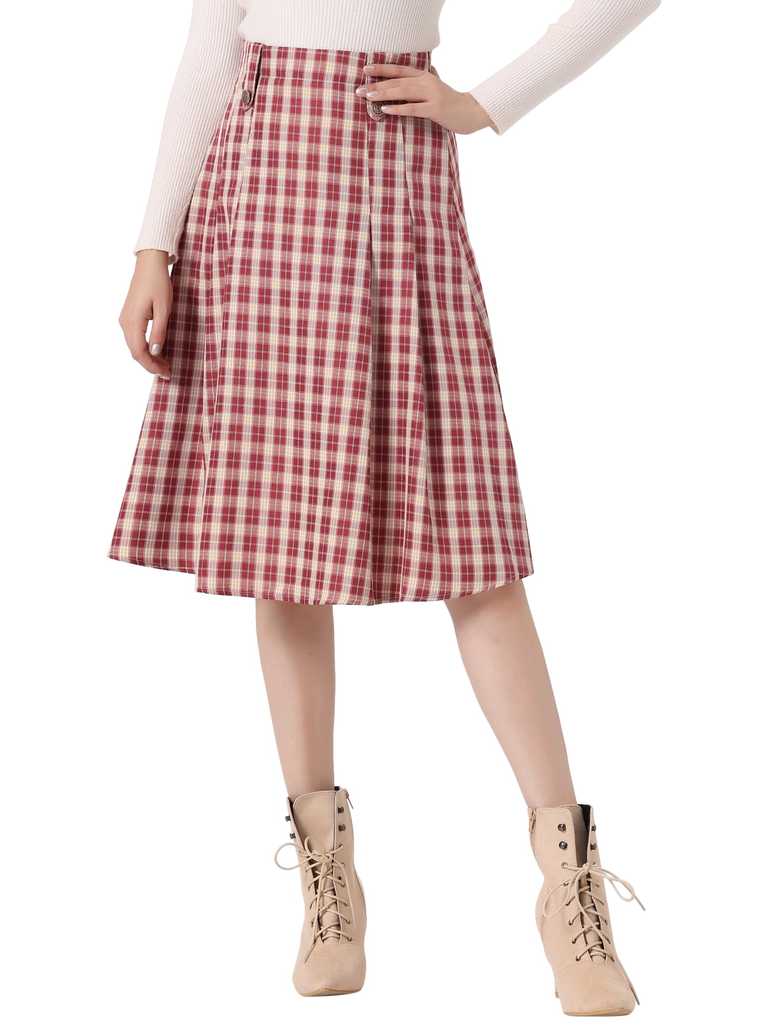 DARING DIVA Women's Vintage Plaid Pleated A-Line Midi Skirt S Red ...