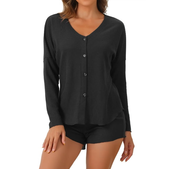 DARING DIVA Women's Waffle Knit Pajama Sets Lounge Set Long Sleeve Top Black M - Walmart.com