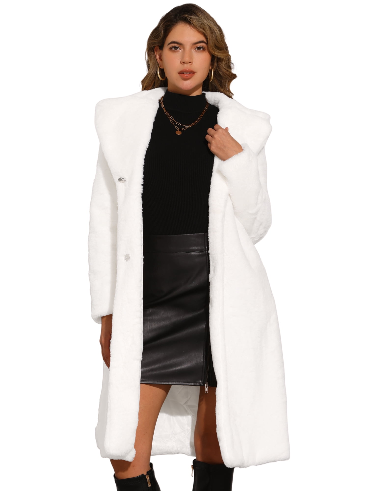 DARING DIVA Women's Warm Fluffy Faux Fur Coat with Belt XS White ...