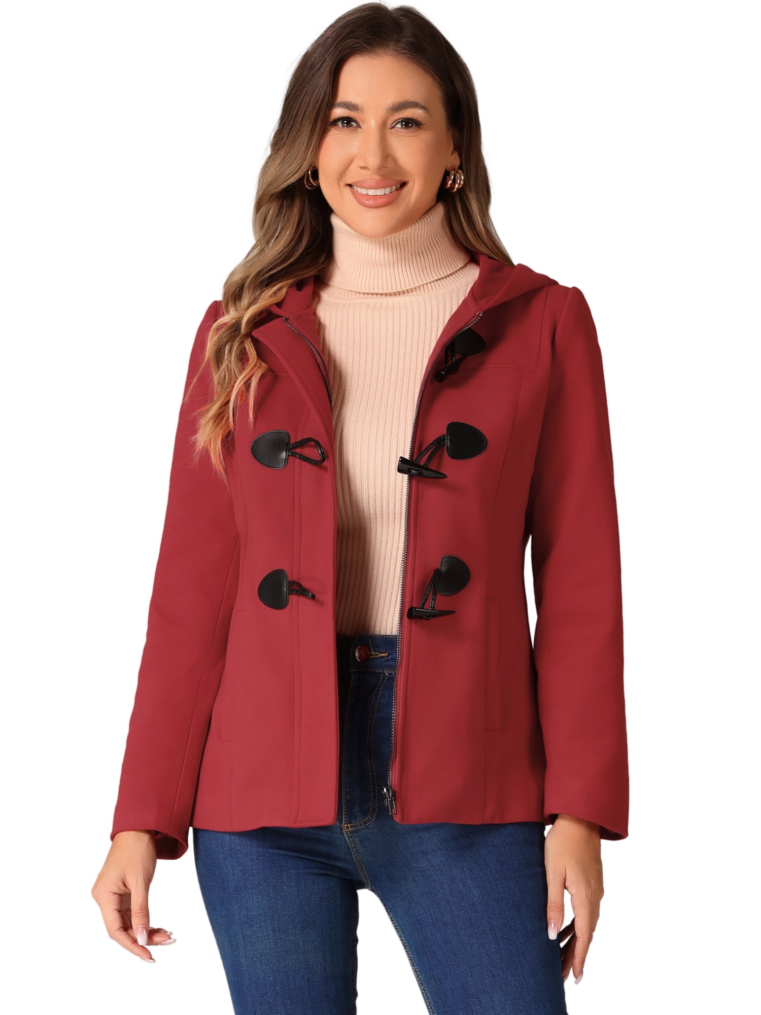 DARING DIVA Women's Winter Outwear Hooded Zip Up Button Toggle Pea Coat ...