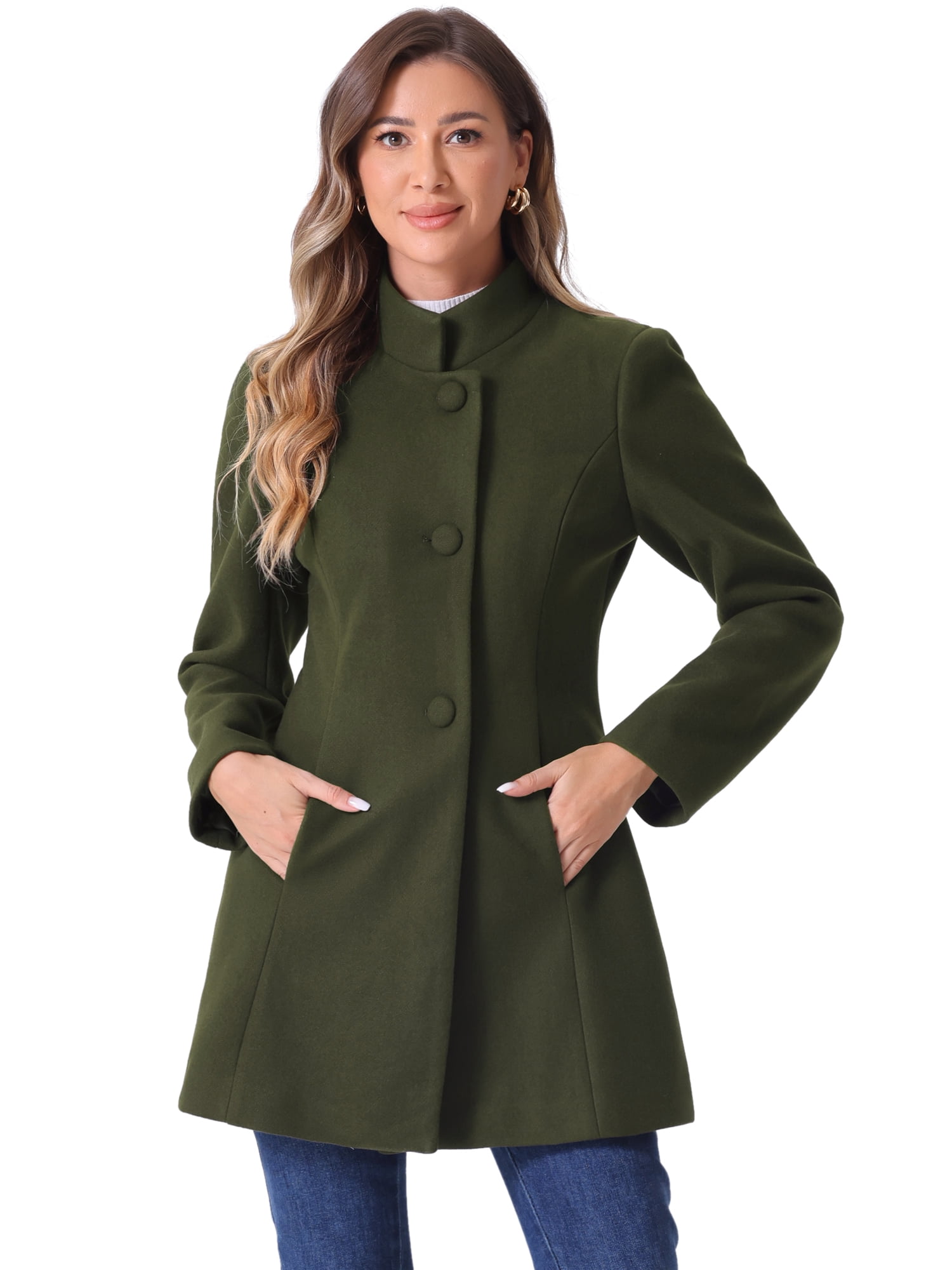 DARING DIVA Women's Winter Overcoat Stand Collar Single Breasted Long ...