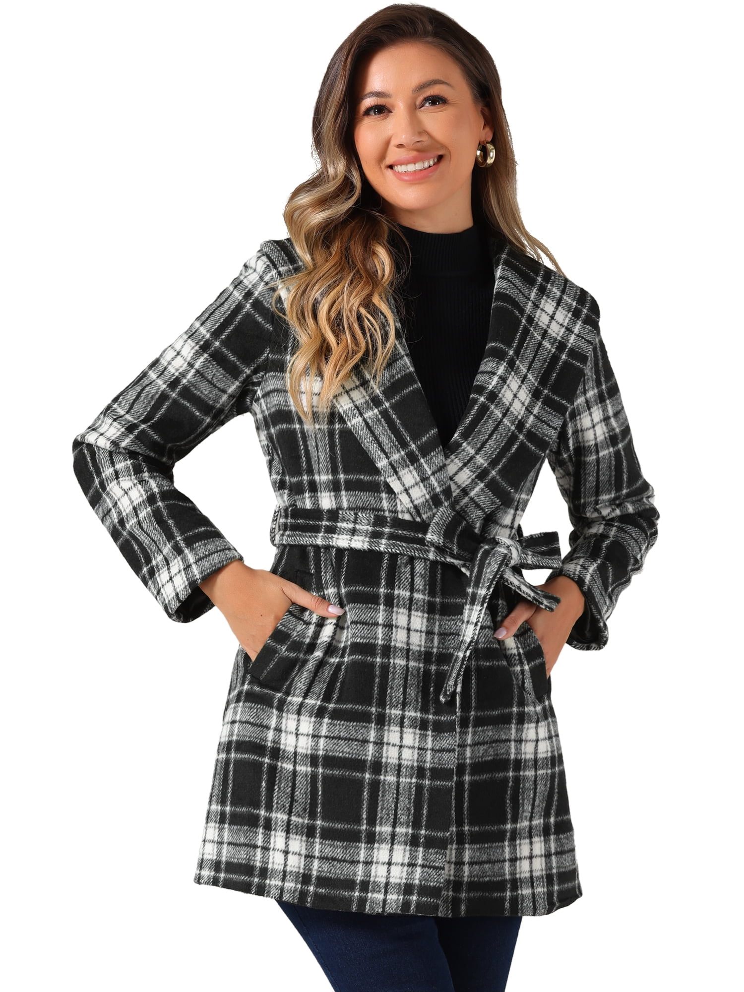 DARING DIVA Women's Winter Plaid Belted Shawl Collar Check Wrap Coat ...
