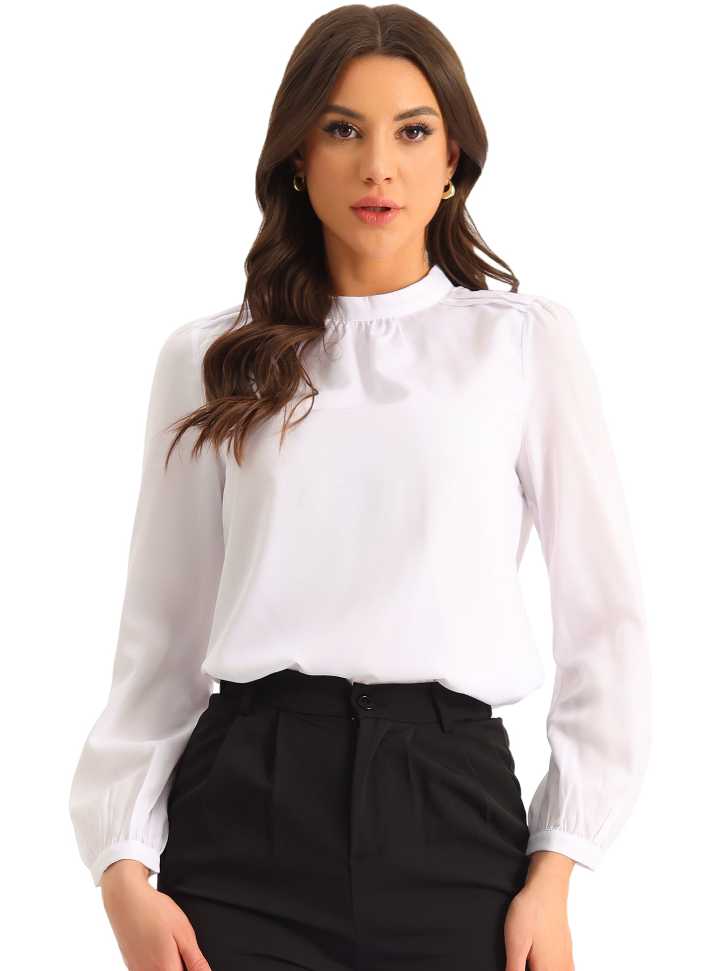 DARING DIVA Women's Work Office Mock Neck Long Sleeve Blouse XS White ...