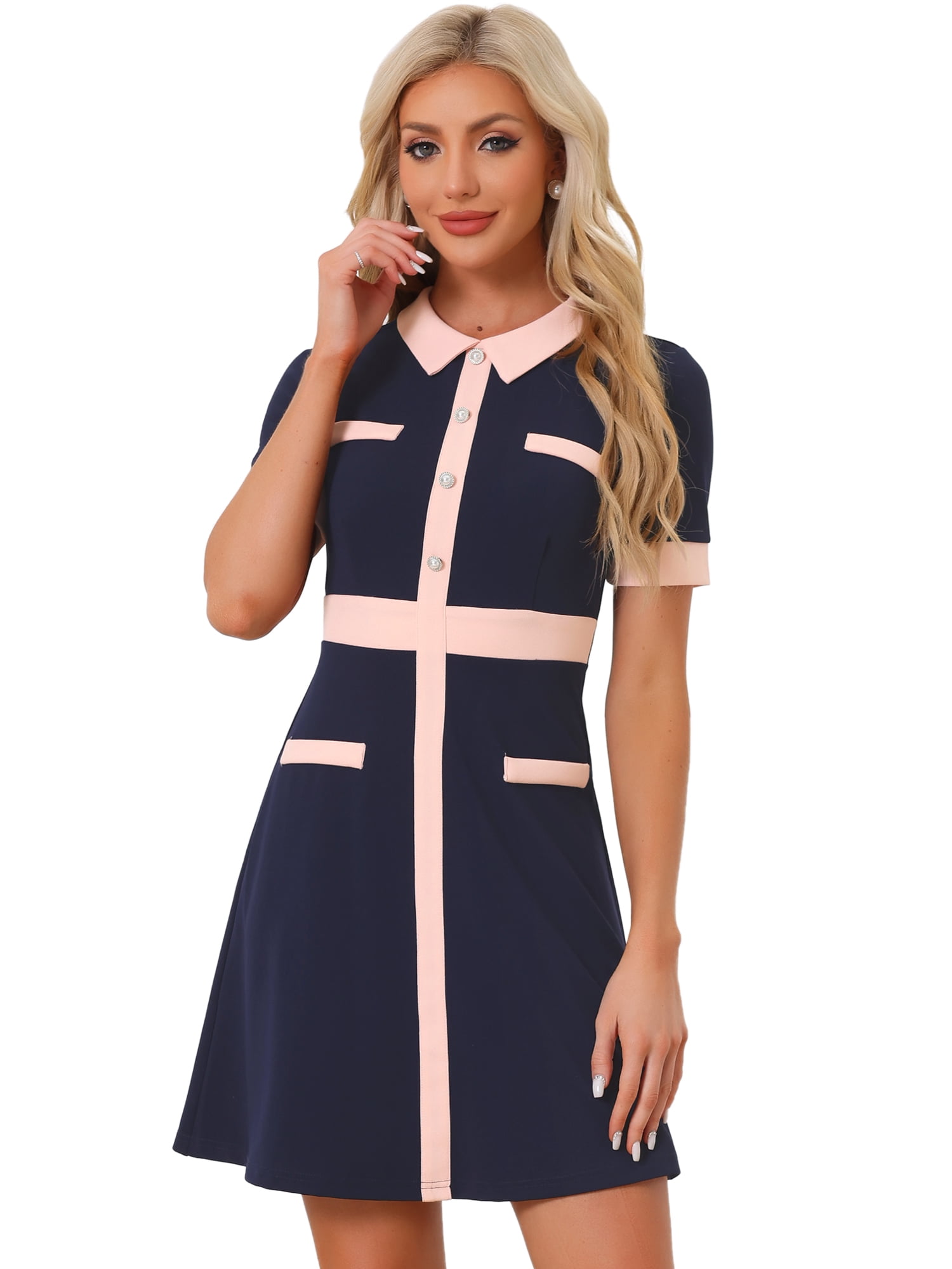 DARING DIVA Work Dress Contrast Color Fit and Flare Dresses S Dark Blue ...