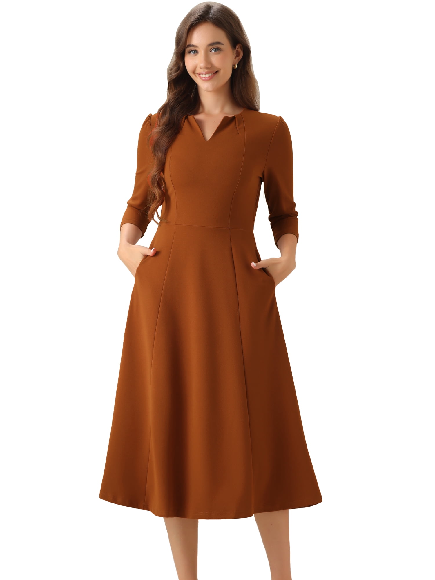 DARING DIVA Work Office Elegant 3/4 Sleeve V Neck A-Line Dress S ...