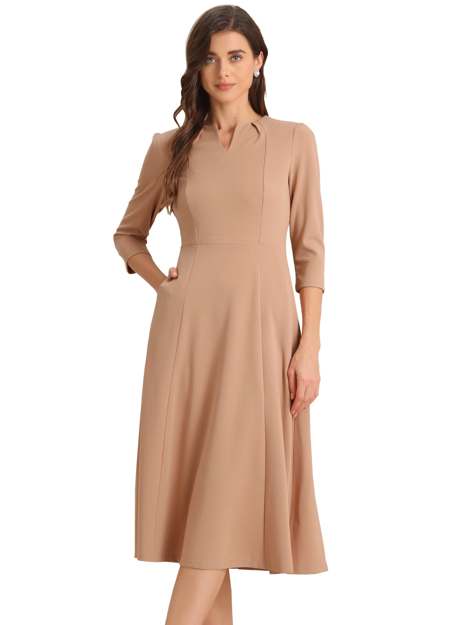 DARING DIVA Work Office Elegant 3/4 Sleeve V Neck A-Line Dress S Dark ...