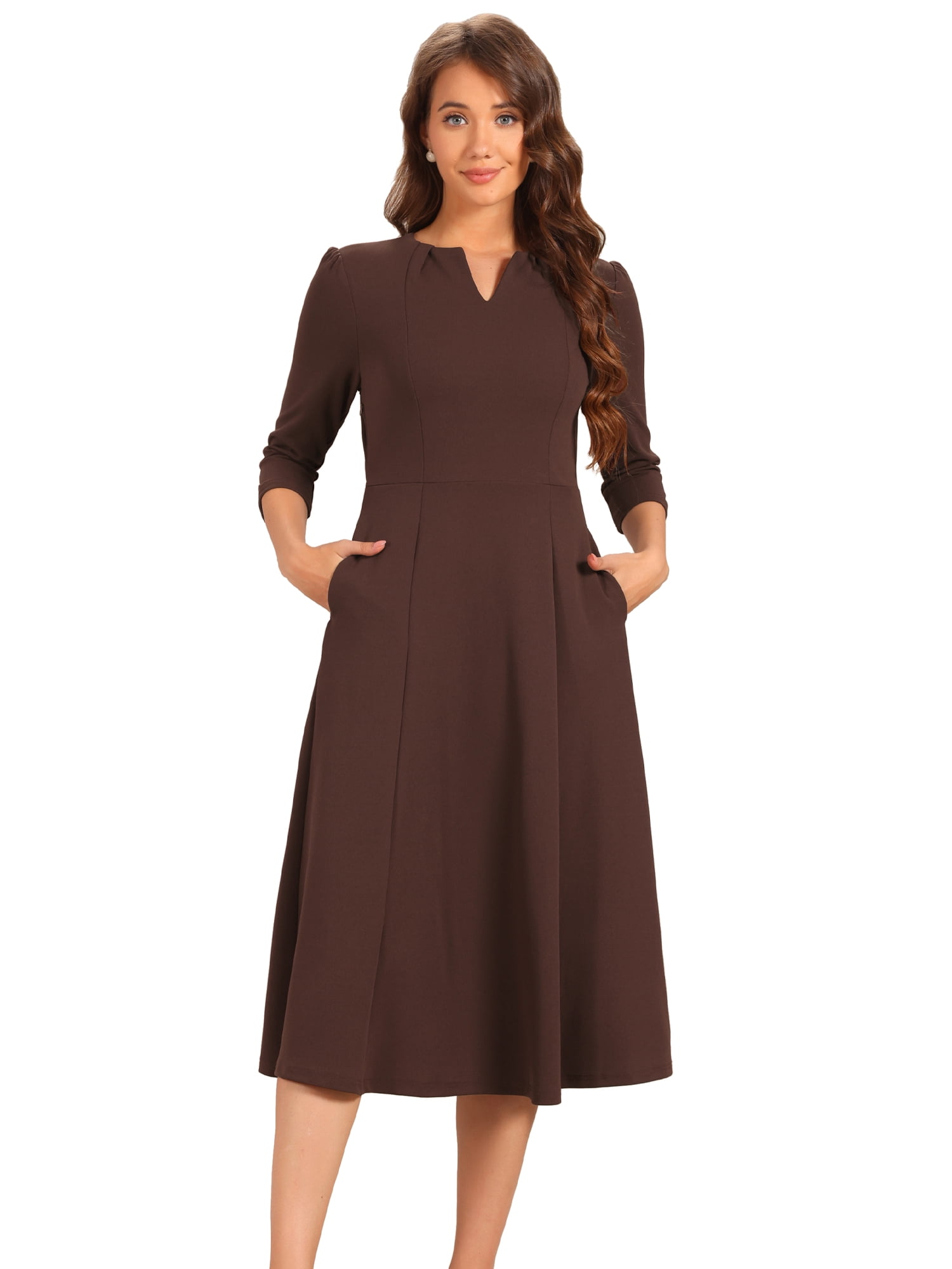 DARING DIVA Work Office Elegant 3/4 Sleeve V Neck A-Line Dress XL Dark ...