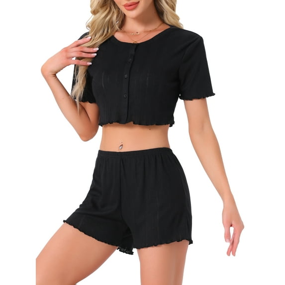 DARING DIVA Y2K Crop Tops with Shorts Knit Button-Down Pajama Sets M Black - Walmart.com