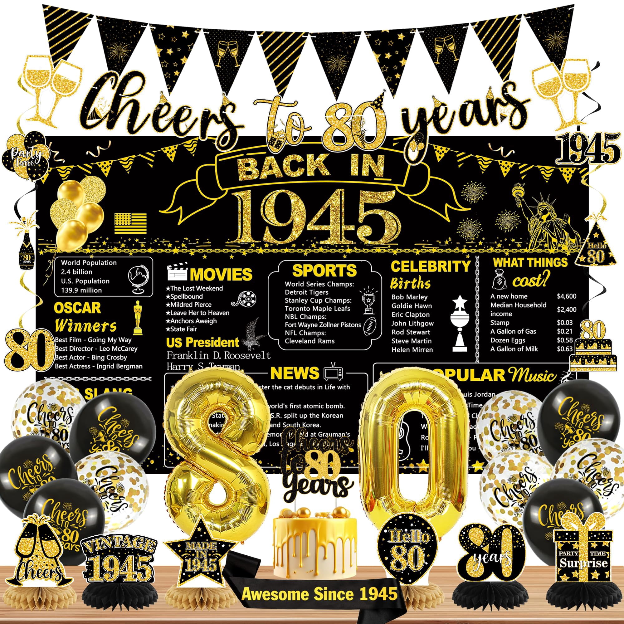 DARUNAXY 80th Birthday Party RRF12 Decorations for Men Gold Back in ...