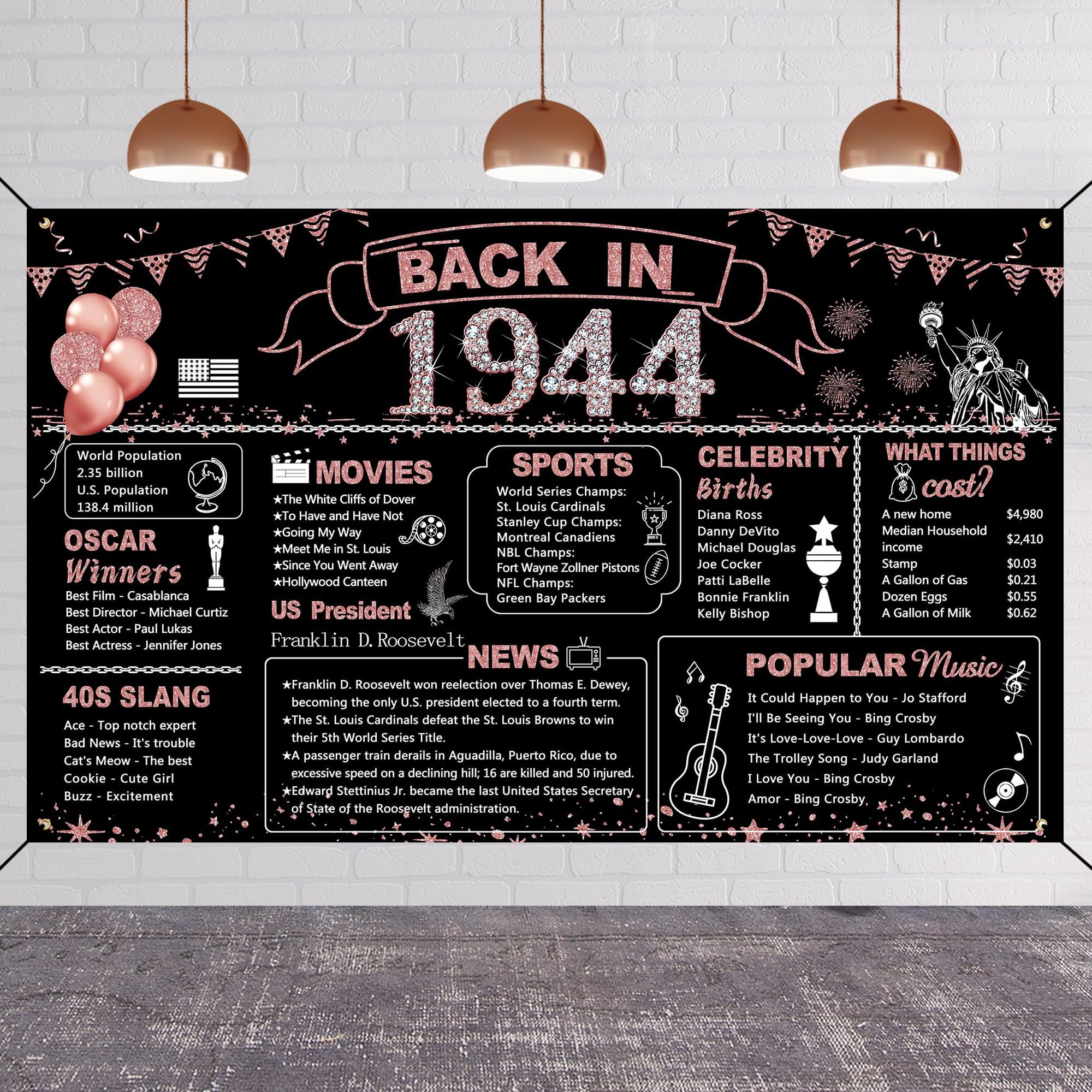 DARUNAXY 80th Birthday Rose Gold Party Decoration, Back 1944 Banner for ...
