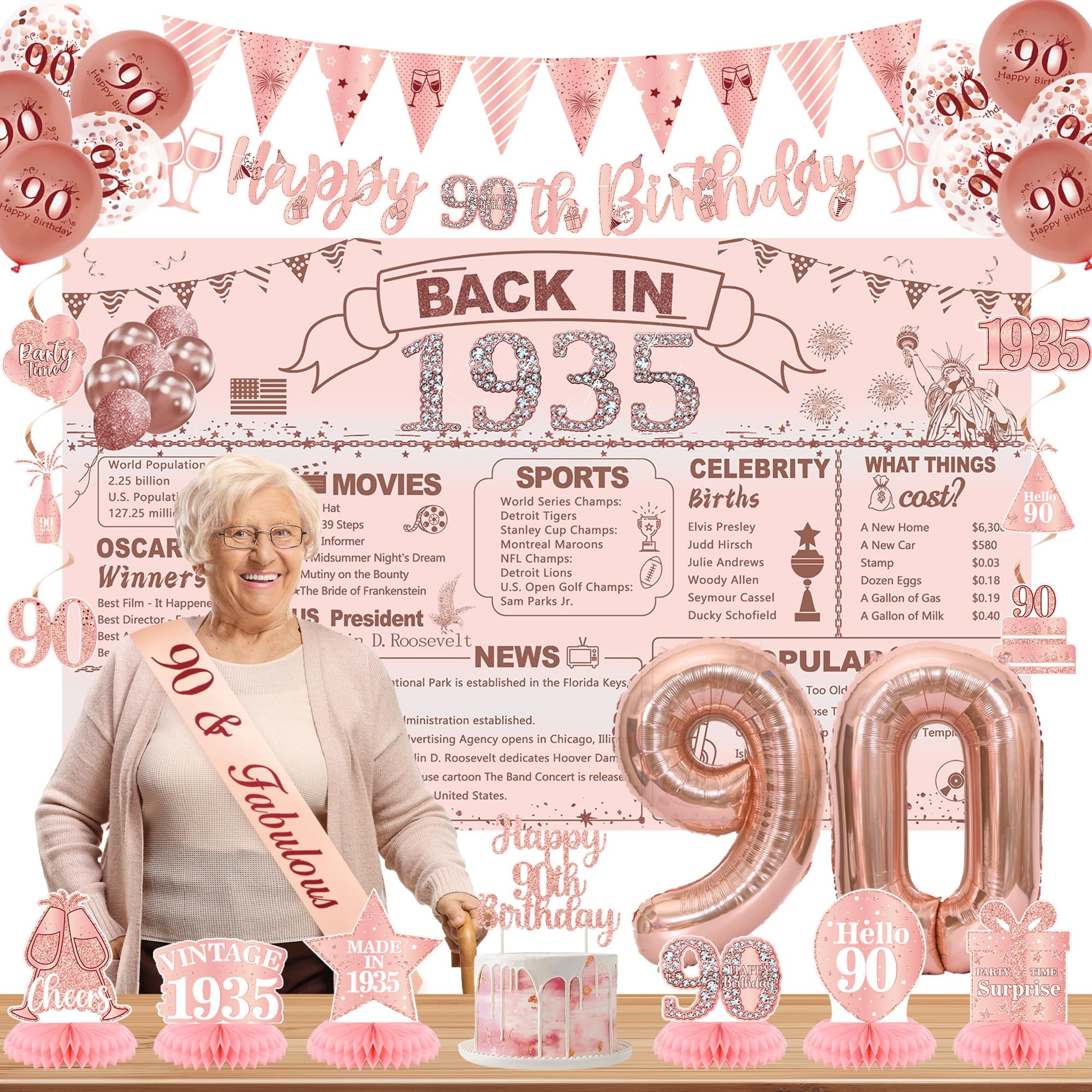DARUNAXY 90th Birthday Party IFF17 Decorations for Women, Gold Back in ...