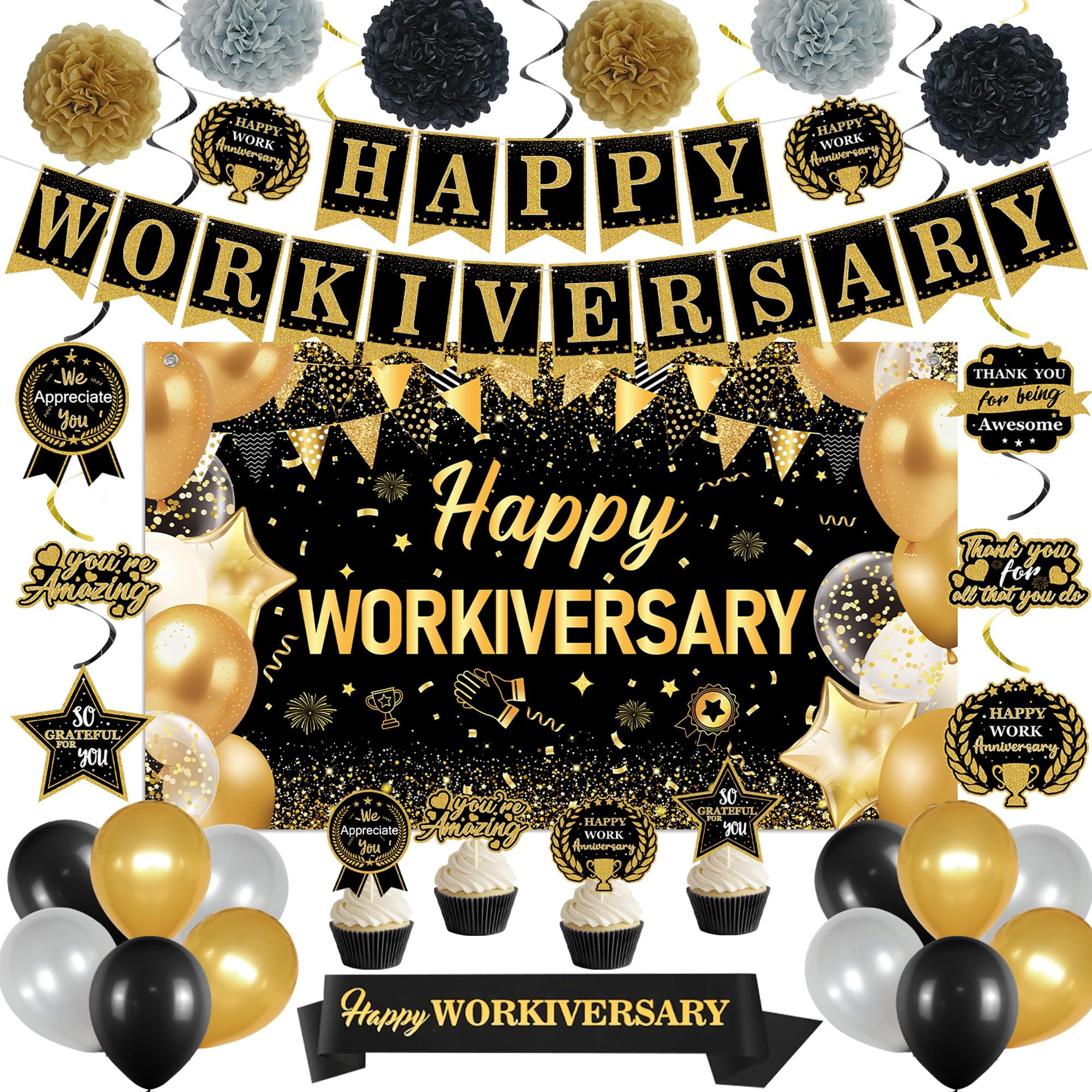 DARUNAXY Happy Workiversary Party IFF17 Decorations for Men Black Gold ...