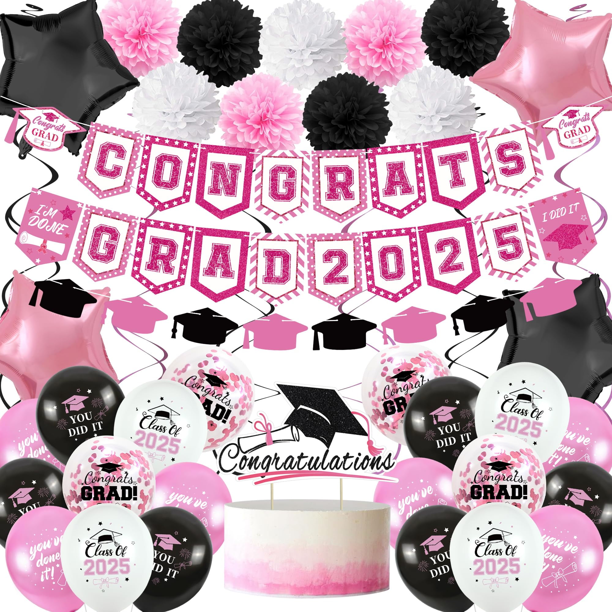 DARUNAXY Pink Party DHF10 Decorations, Congrats Grad 2025 Banner for ...