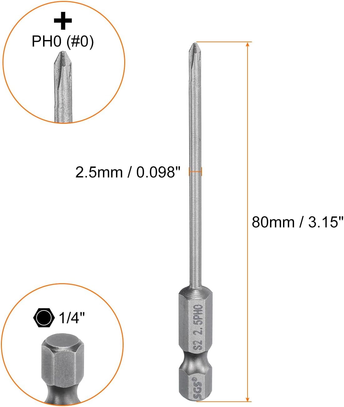 DASAW-#0 Phillips Screwdriver Bit PH0 1/4" Hex Shank 3.15" (80mm) Long ...