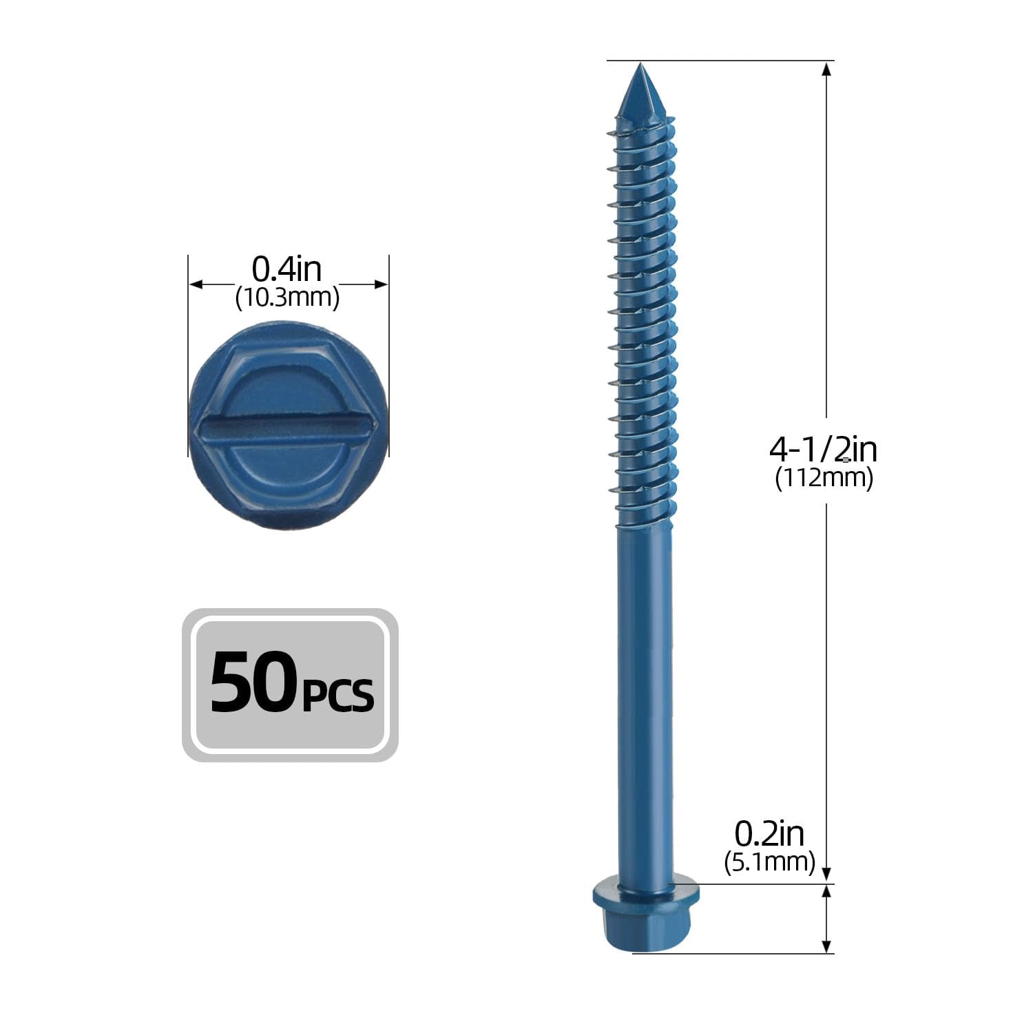 DASAW-1/4" x 4-1/2" Concrete Screws, 50 PCS Blue Hex Washer Head ...
