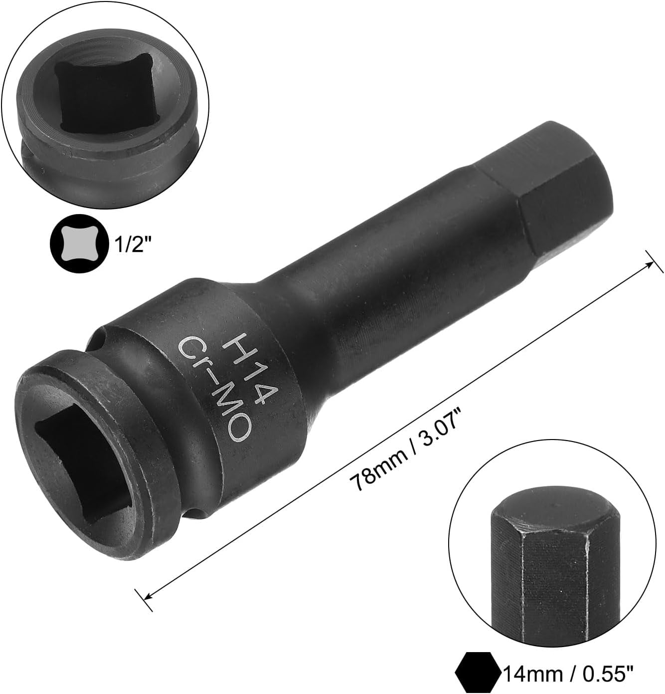 DASAW-14mm Hex Impact Bit Socket H14 1/2" CR-MO Steel Phosphate Black ...