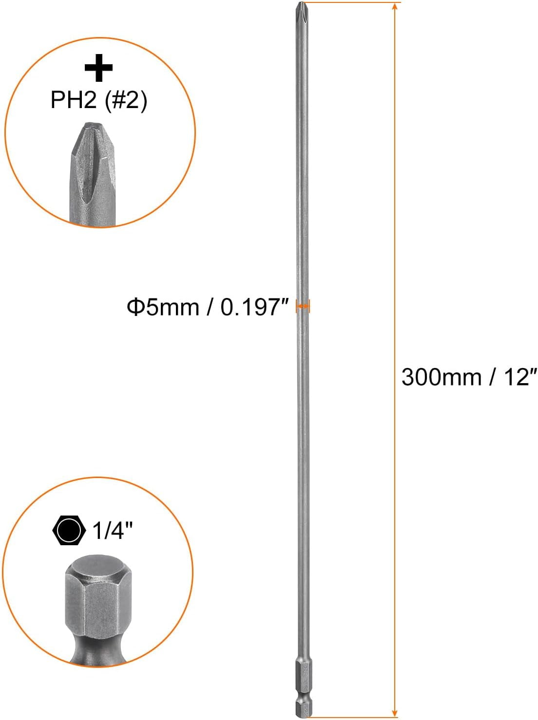 DASAW-#2 Phillips Screwdriver Bit PH2 1/4" Hex Shank 12" (300mm) Long ...