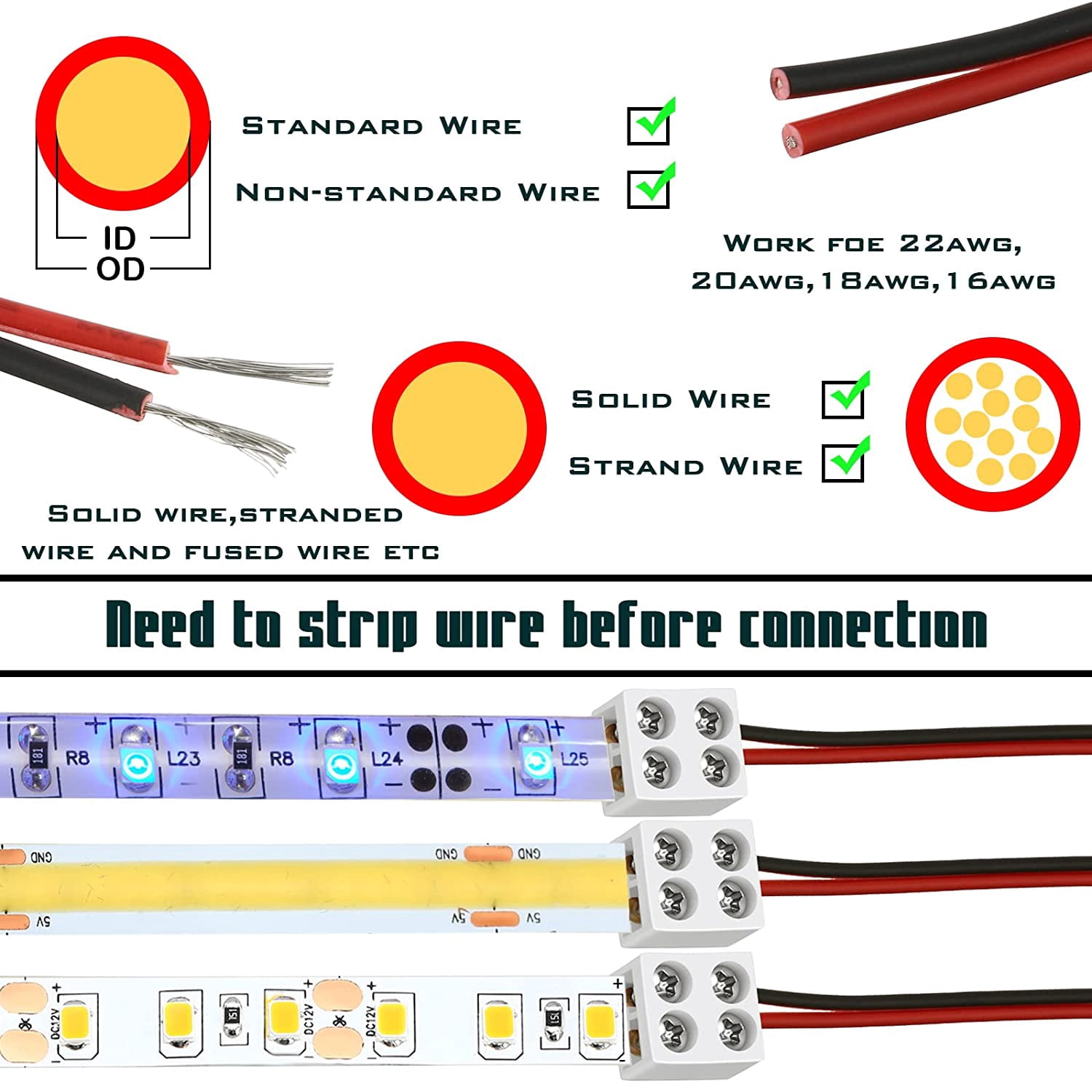 DASAW-25 Pack erless Led Tape Light Connectors Tighten Screw Terminal ...