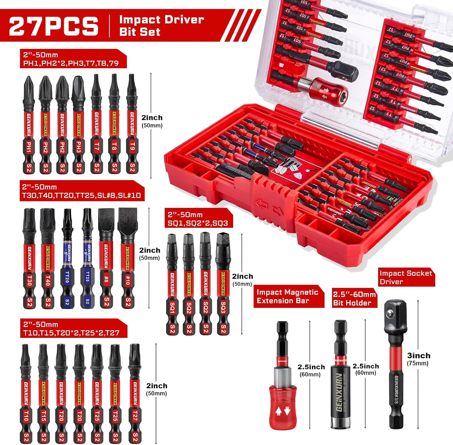 DASAW-27Pieces Impact Screwdriver Bits Set, Magnetic S2 Steel Phillips ...