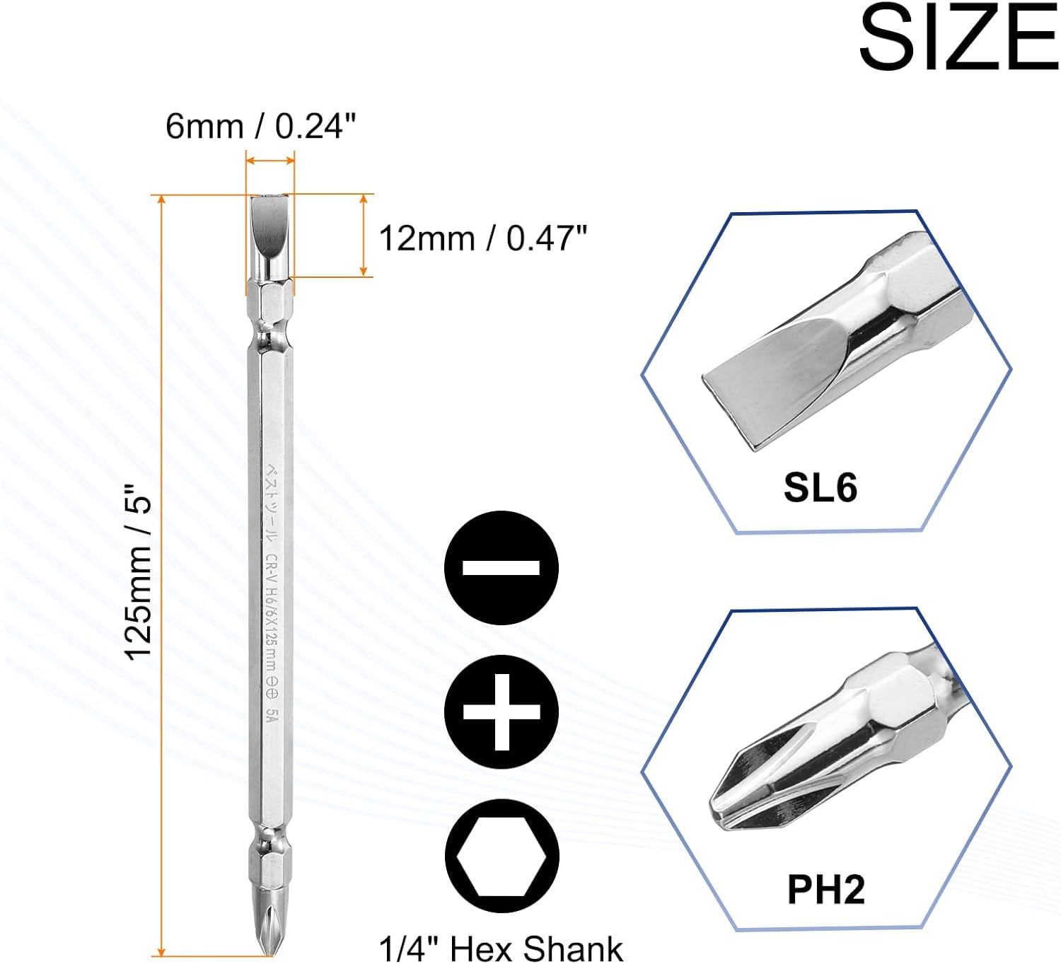 DASAW-2pcs Magnetic Double Ended Screwdriver Bit 6mm PH2/SL6 5"/125mm 1/4" Hex Shank CR-V Steel ...