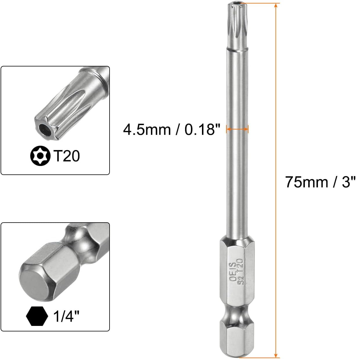 DASAW-2pcs T20 Security Torx Bit 1/4" Hex Shank 3" Long S2 Steel Magnetic Tamper Resistant Star ...