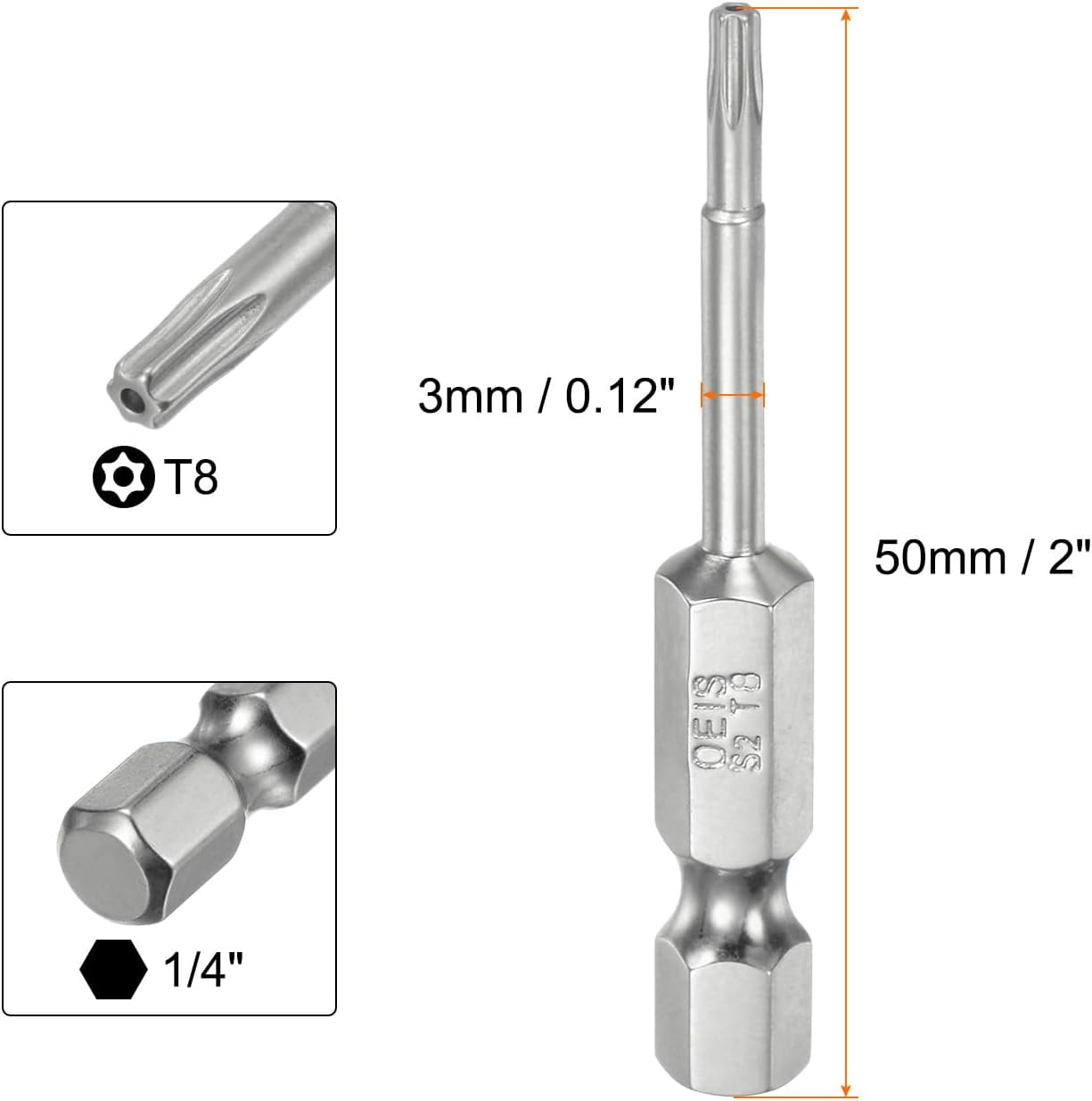DASAW-2pcs T8 Security Torx Bit 1/4" Hex Shank 2" Long S2 Steel ...