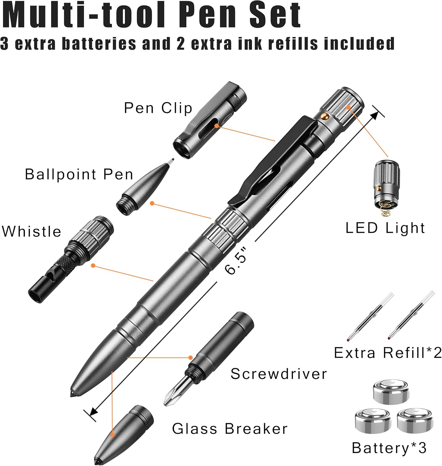DASAW-5-in-1 Multitool Pen with LED Light, Glass Breaker, Whistle ...