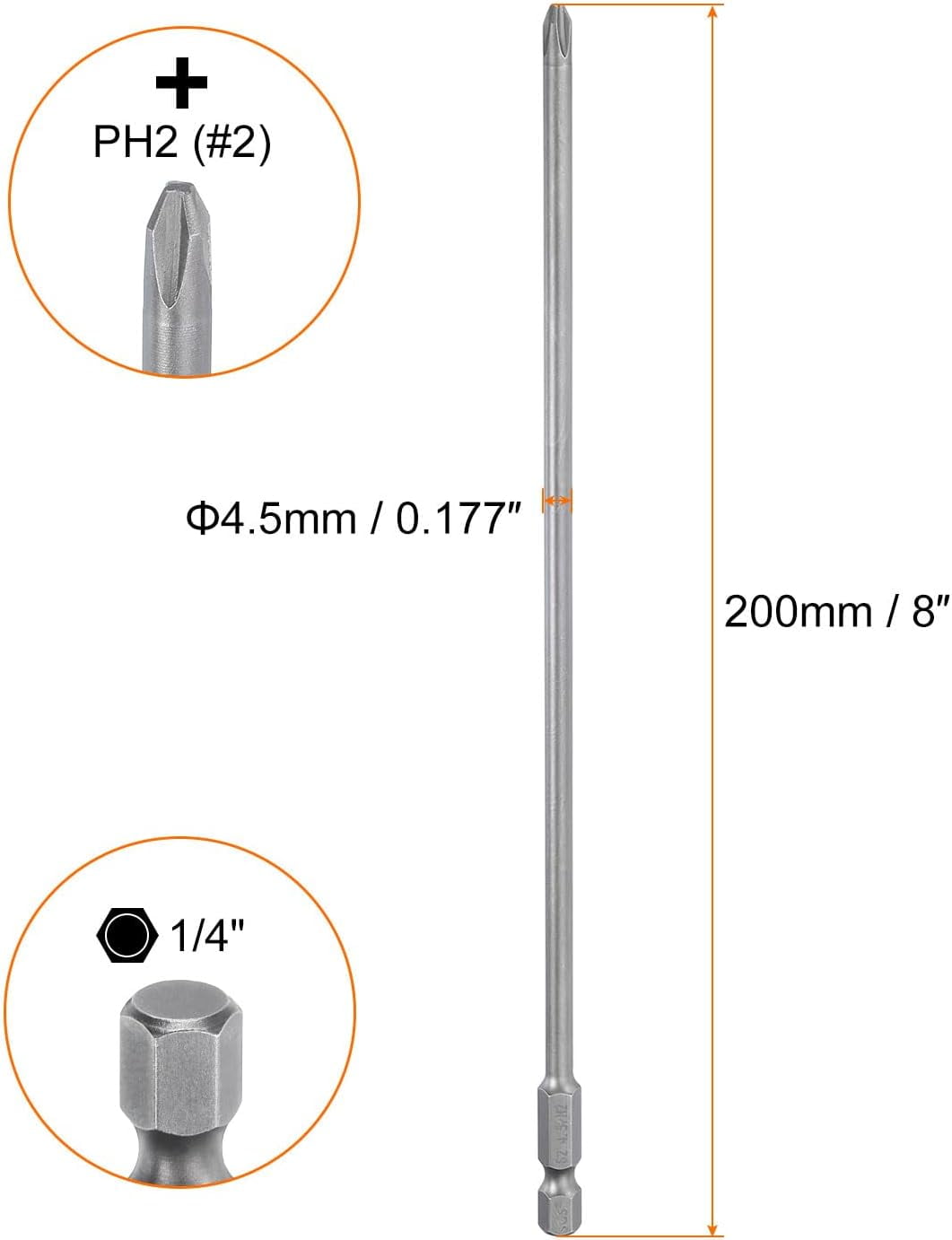 DASAW-5pcs #2 Phillips Screwdriver Bit PH2 1/4" Hex Shank 8" (200mm ...