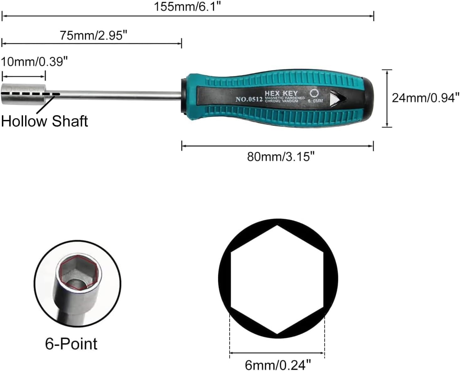 DASAW-6mm/0.24" Nut Driver Socket Driver Non-Magnetic Tip Six Point Hex ...