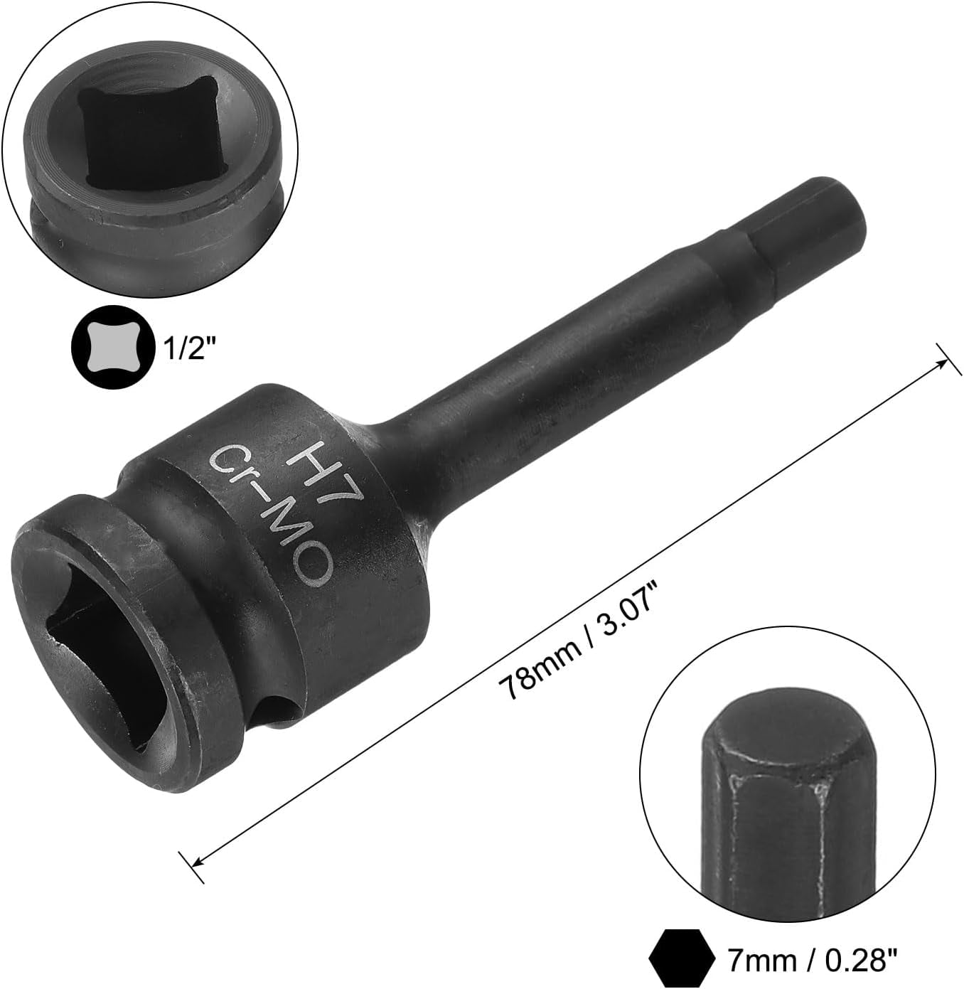 DASAW-7mm Hex Impact Bit Socket H7 1/2" CR-MO Steel Phosphate Black ...