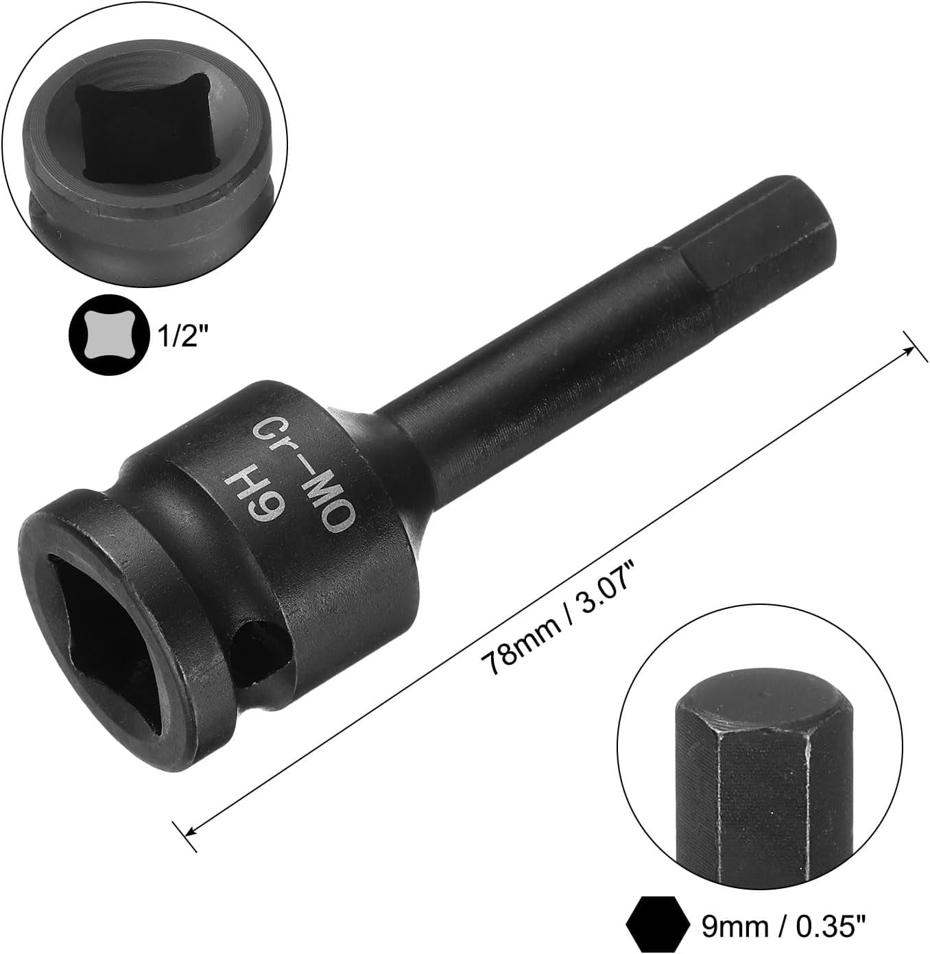 DASAW-9mm Hex Impact Bit Socket H9 1/2" CR-MO Steel Phosphate Black ...