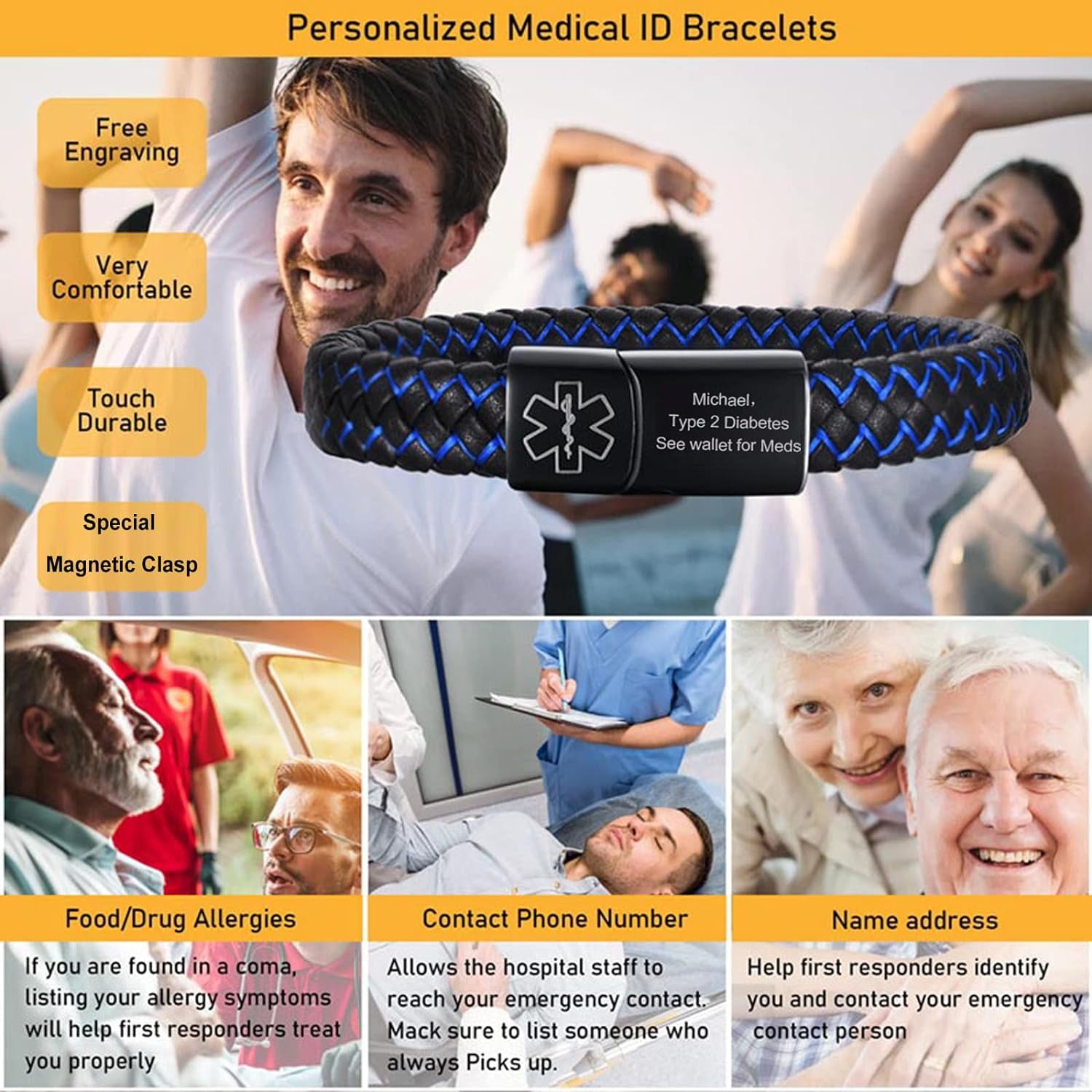 DASAW-Blue Braided Leather Medical Symbol Caduceus with Magnetic Clasp ...