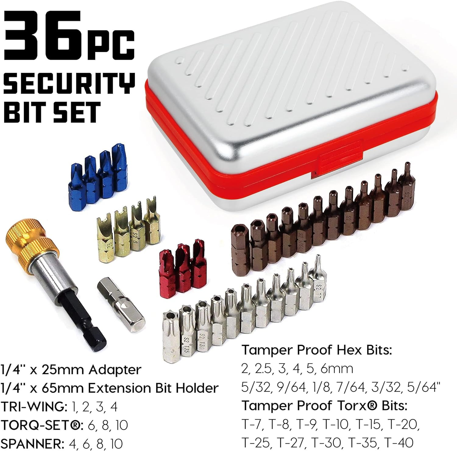 DASAW-Color Coded Security Bit Set, 36 Piece, Tamper Proof Torx, Hex ...