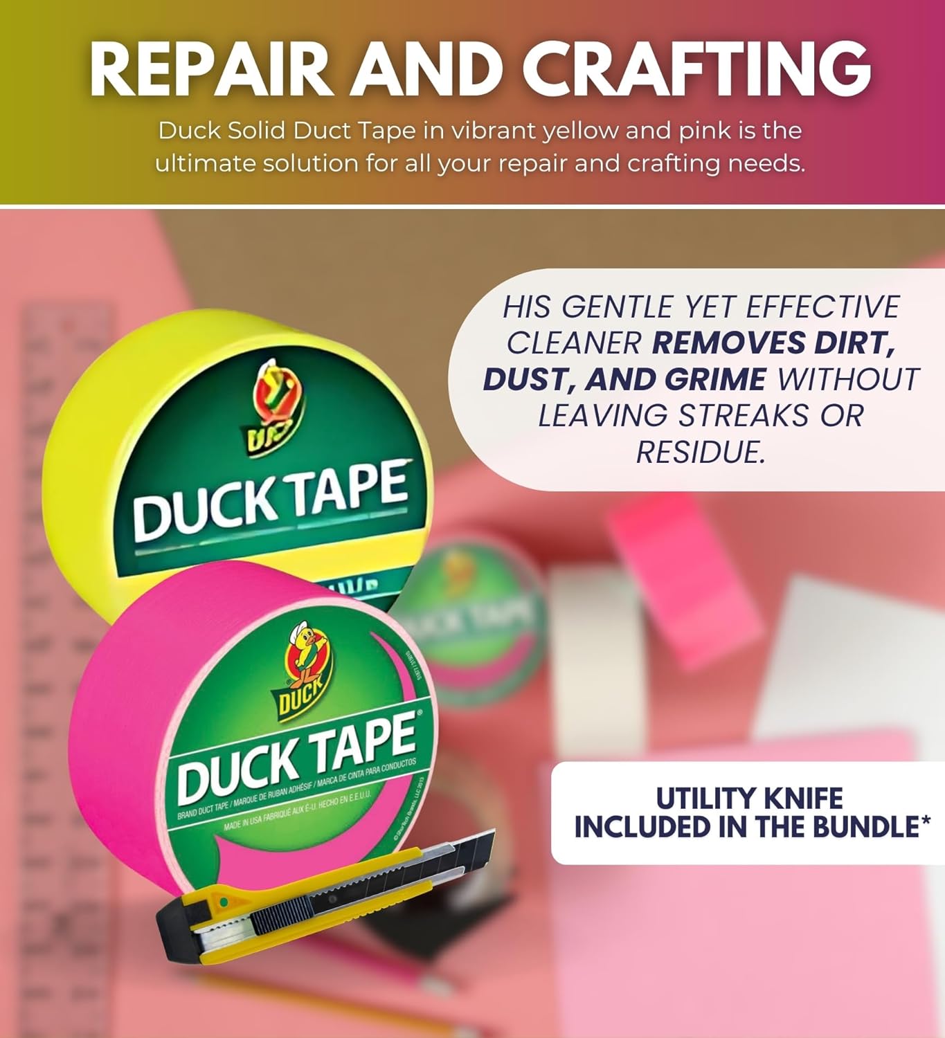 DASAW-Duck 1.88 in. W X 15 yd L Yellow Duct Tape + Neon Pink Duct Tape ...