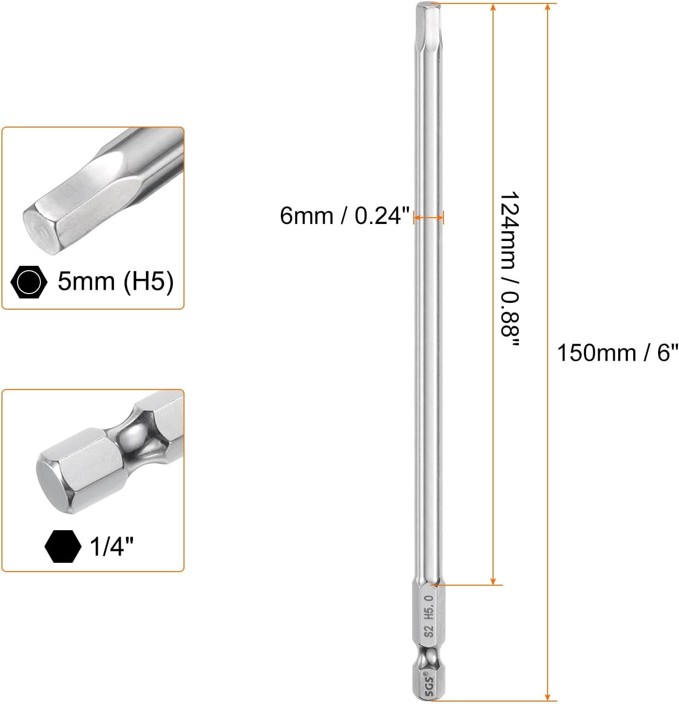 DASAW-Hex Head Wrench Drill Bit 5mm (H5) Metric 1/4" Hex Shank 150mm (6 ...