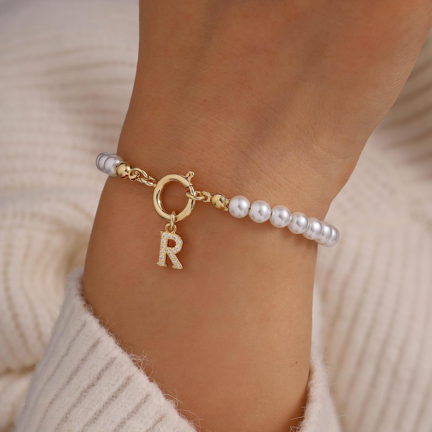 DASAW-Initial Pearl Bracelets for Girls Women - Dainty Gold Initial ...
