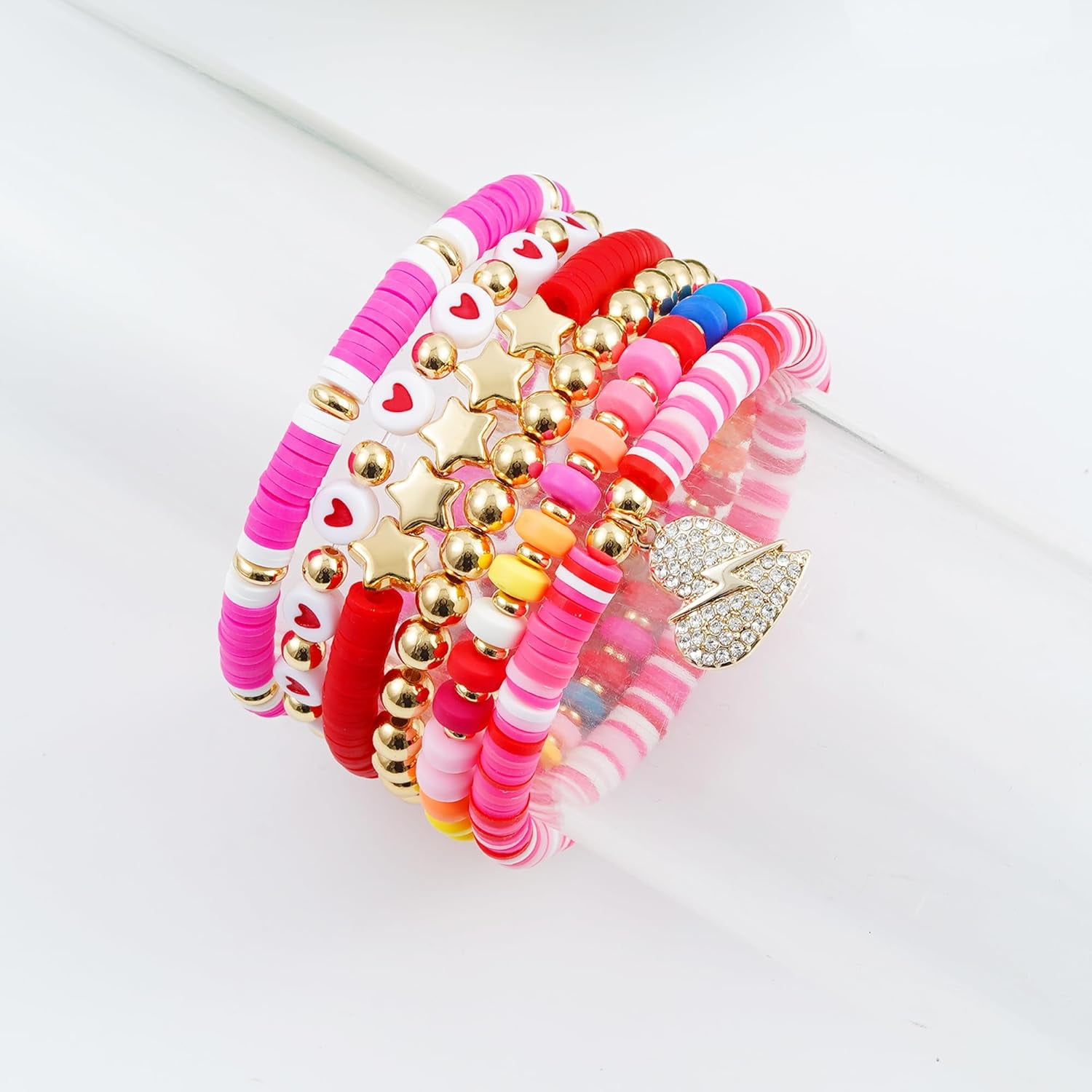 DASAW-Summer Surfer Heishi Bracelet Set for Women Stackable Gold Clay Ploymer Bead Stretch Pink ...