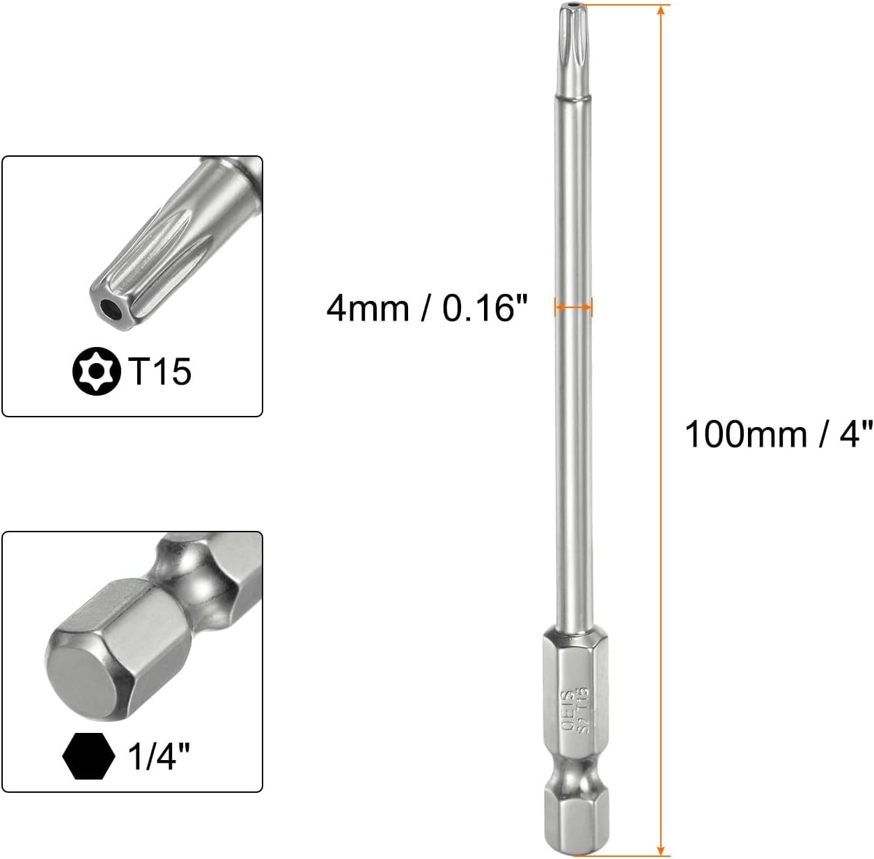 DASAW-T15 Security Torx Bit 1/4" Hex Shank 4" Long S2 Steel Magnetic ...