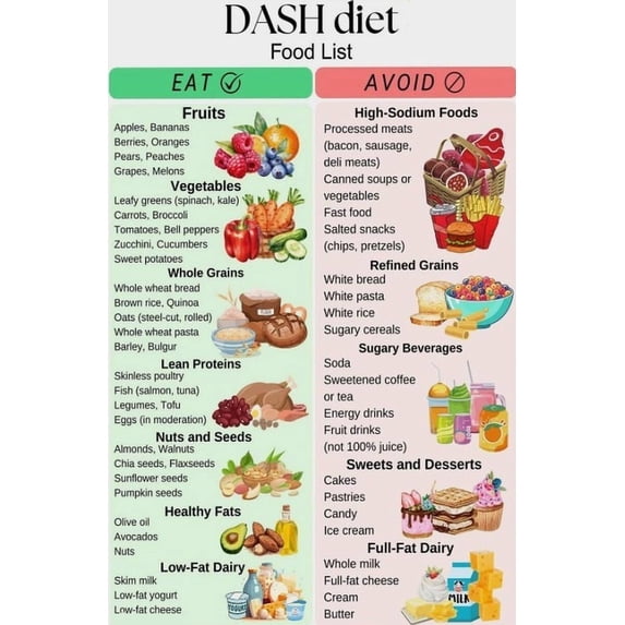 DASH Diet Food List Poster Suitable For Home Kitchen Dining Room ...