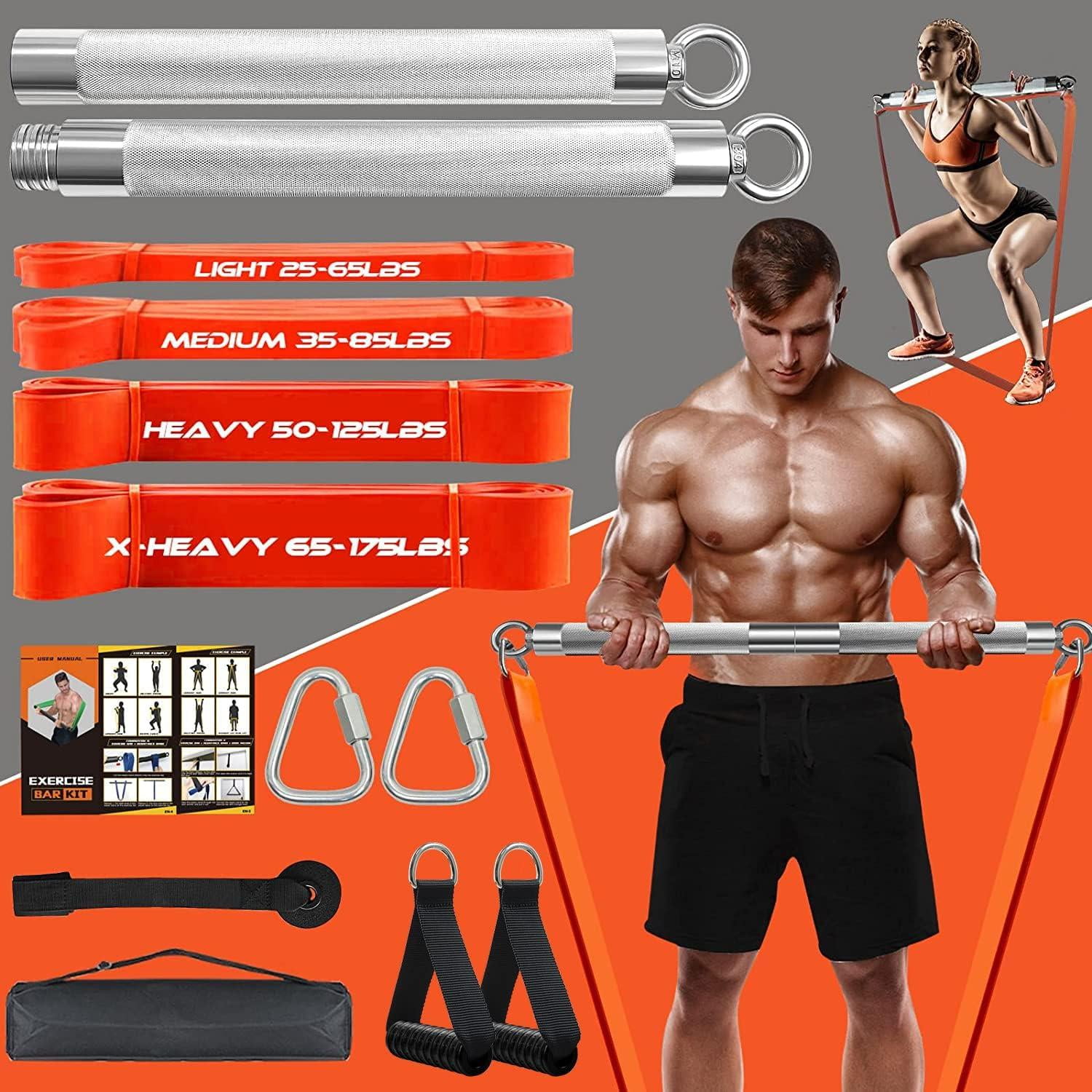 DASKING Resistance Band Bar Set for Home Gym, 500LB Total Resistance with Longer Bar & 4 ...