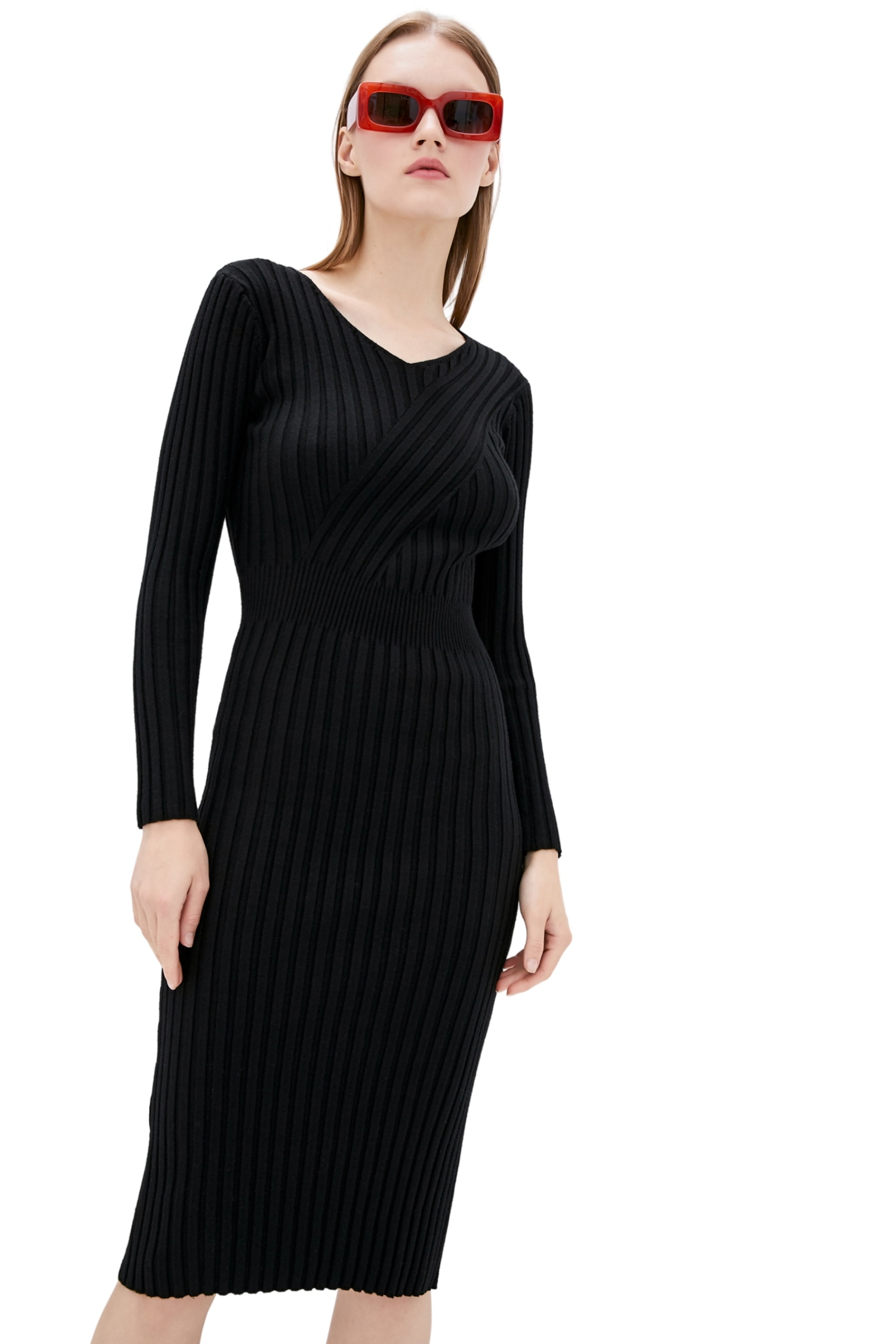 DASTI Women's Black Bodycon Knit Dress, Long Sleeve Ribbed Midi Sweater ...