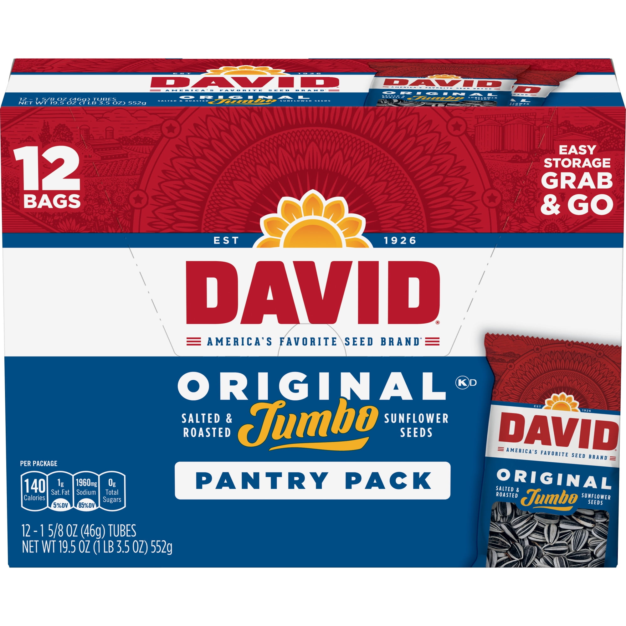 DAVID Original Salted and Roasted Jumbo Sunflower Seeds, 1.75 oz, 12 ...